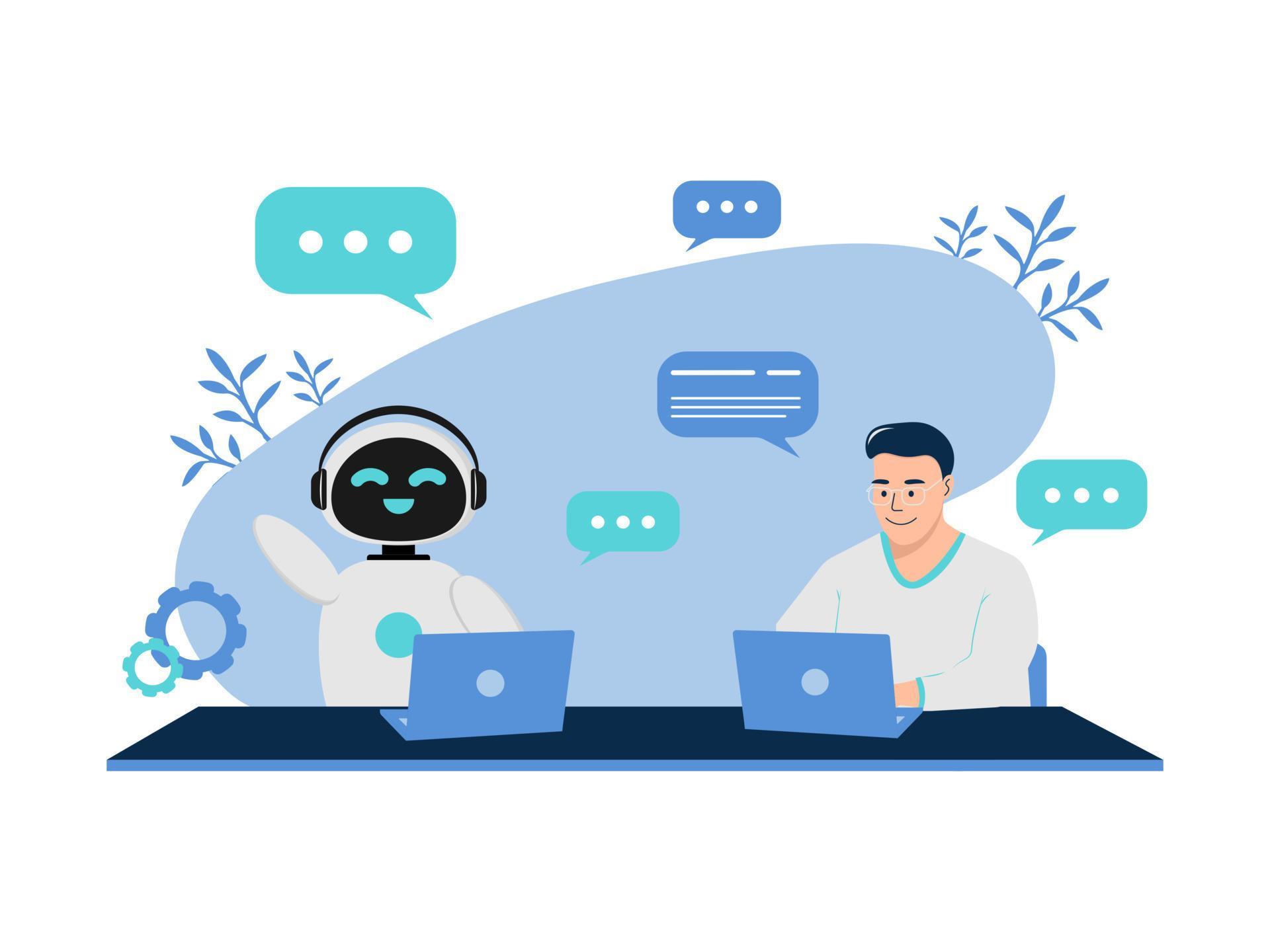 Illustration with a robot and a guy who communicate in a chat bot ...