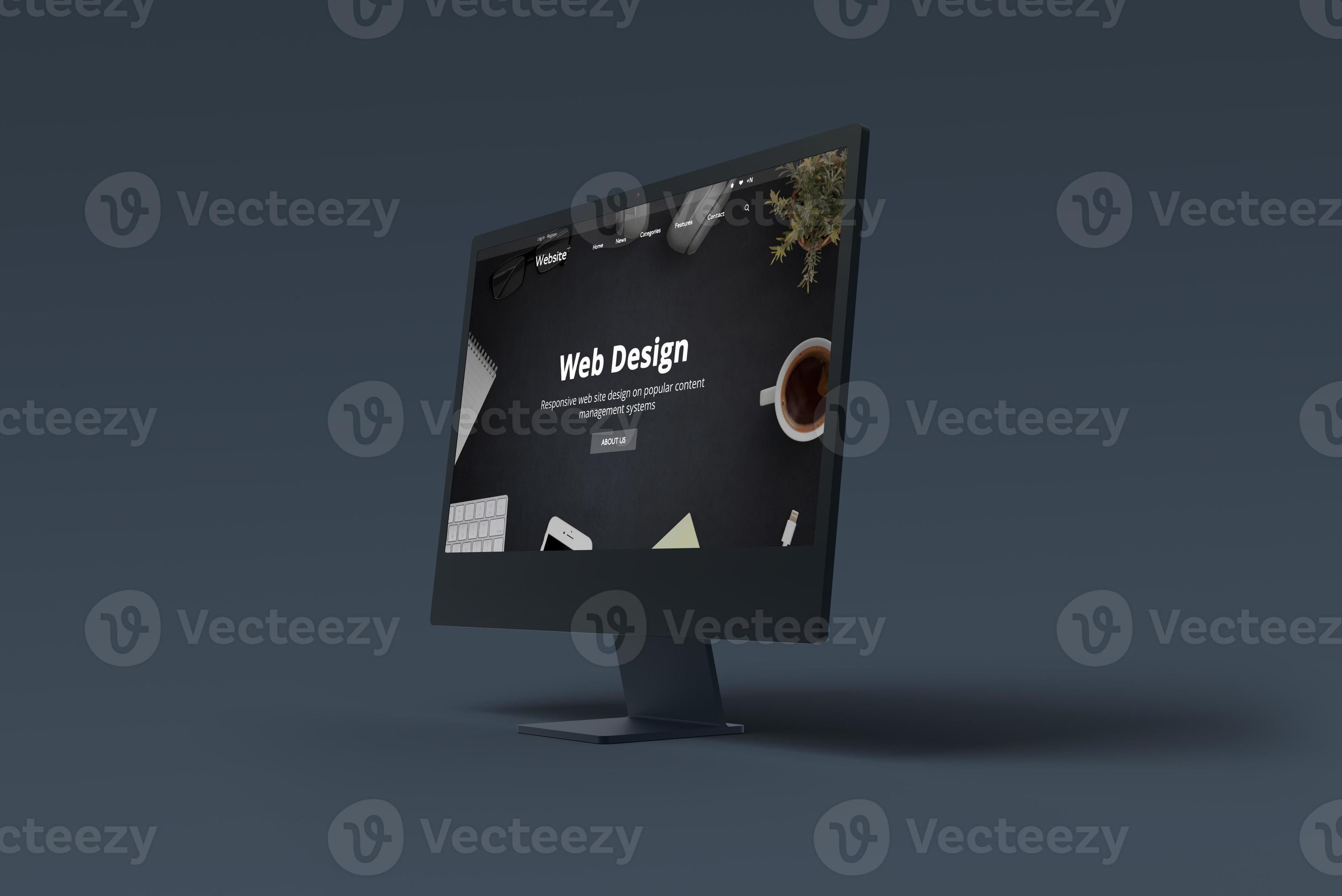 Black computer display with web design concept page layout. Web design and development studio ...