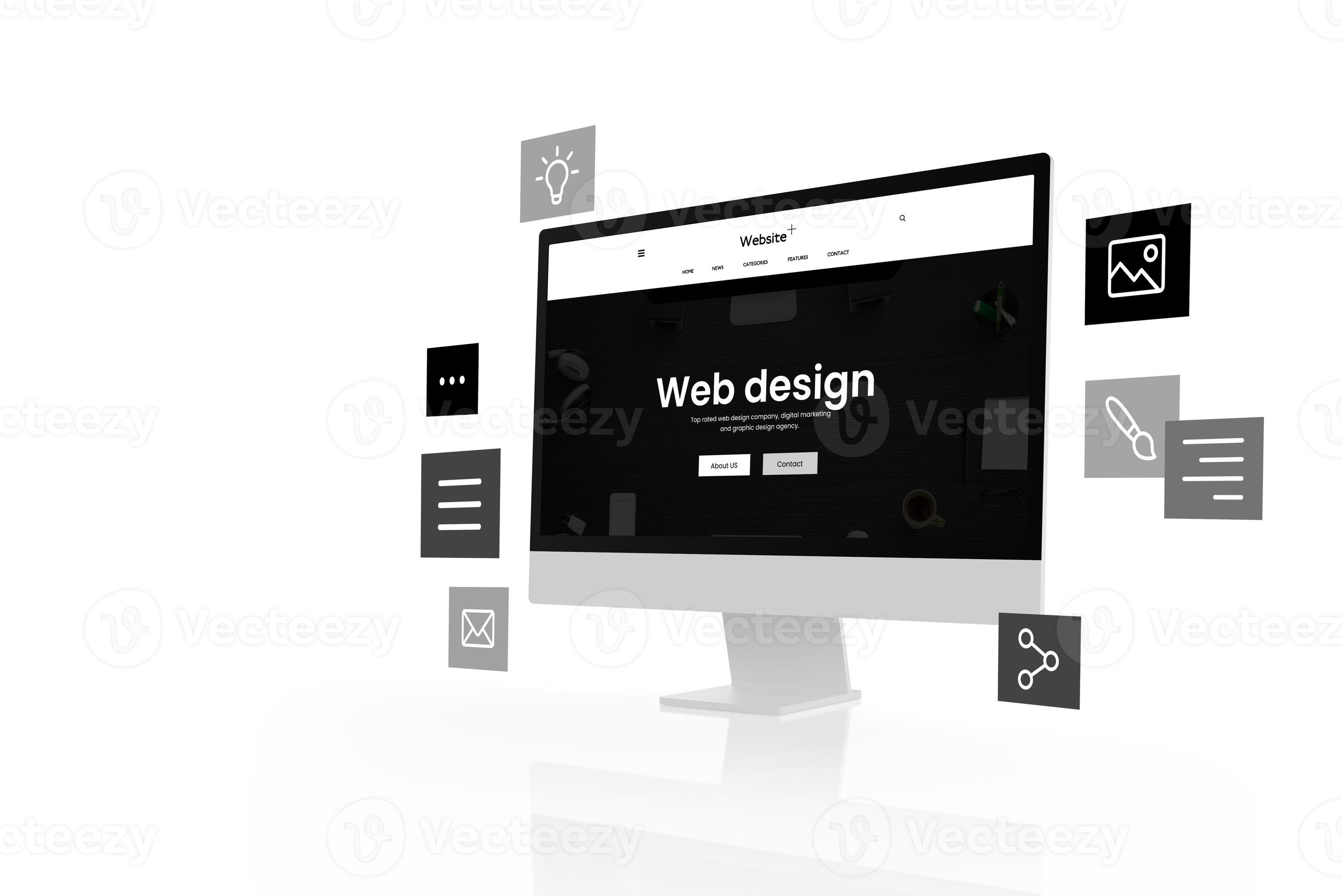 Flat black and white web design studio page layout on modern computer display with flying page ...
