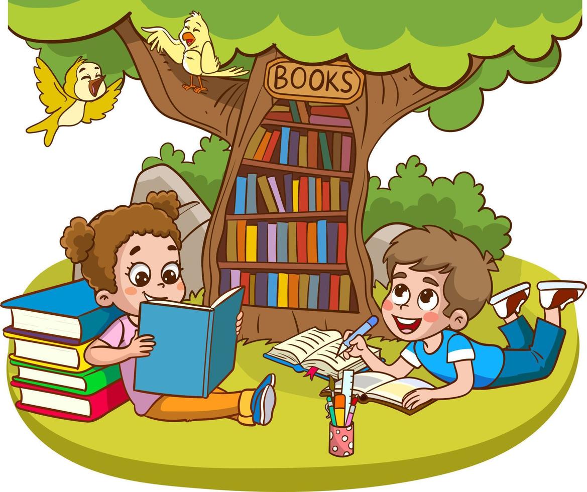 Niños Leyendo Libro A Naturaleza Dibujos Animados Vector 22982238