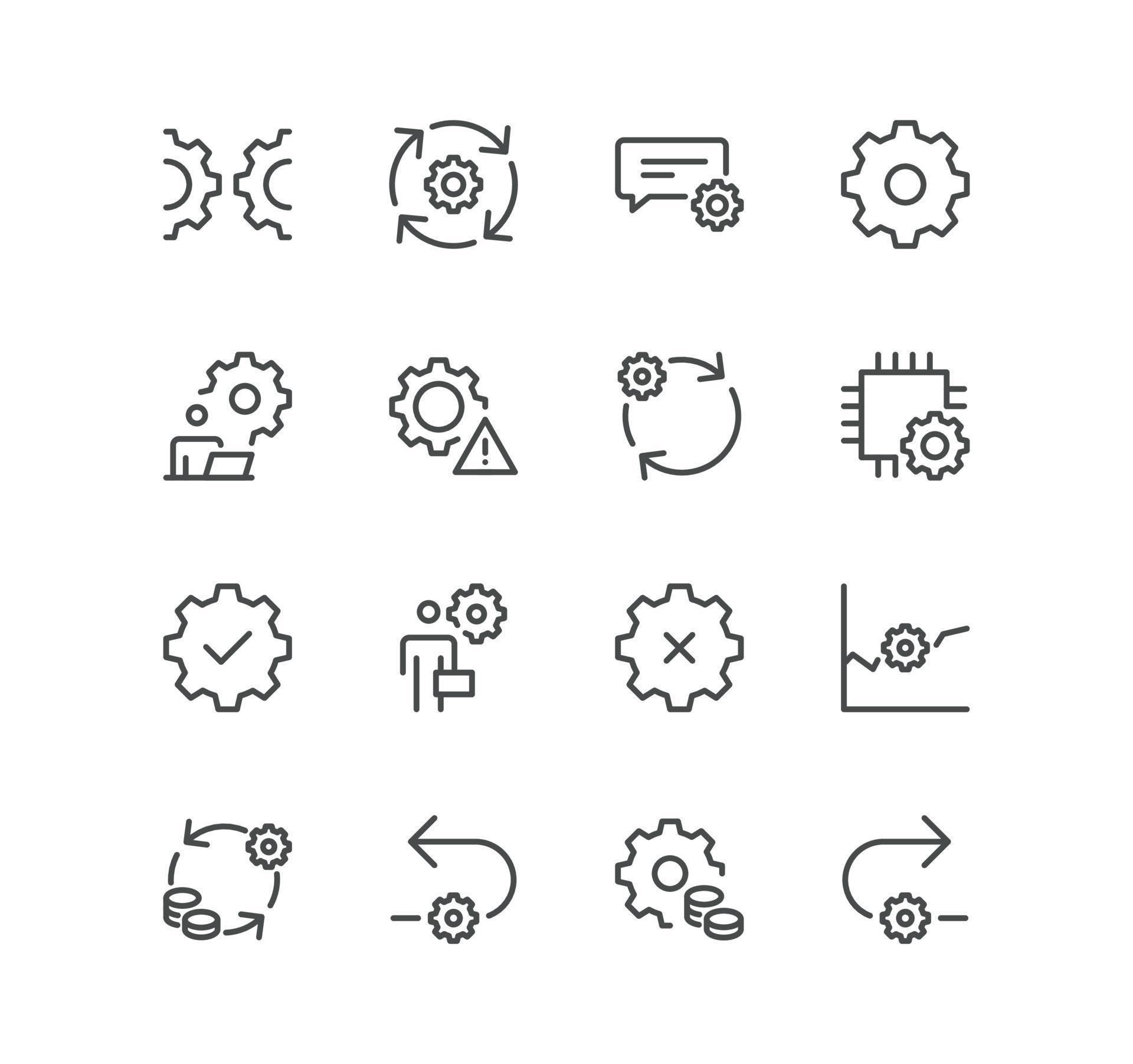 Set of gear related icons, engineering, process, settings and linear ...