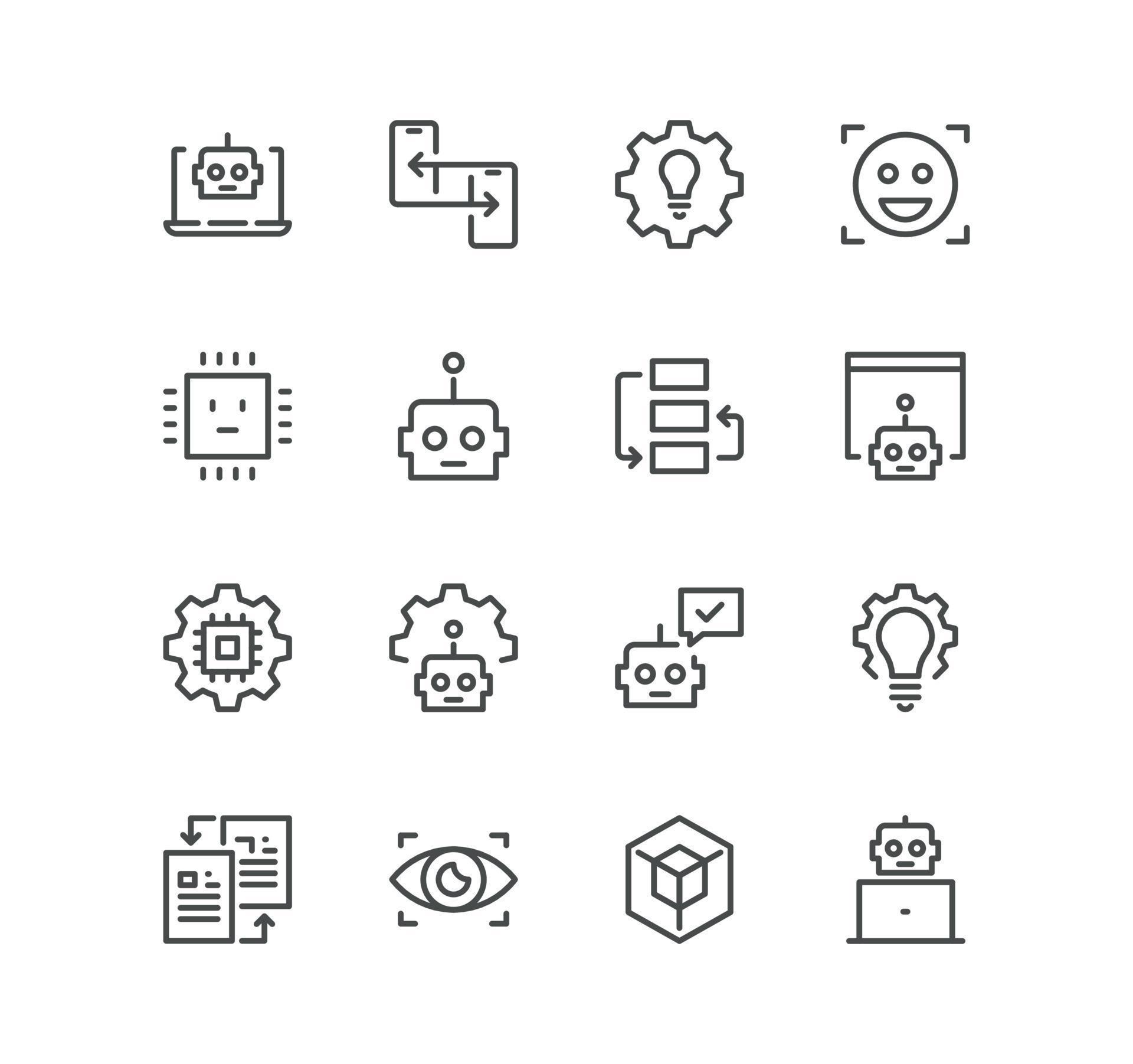 Set of artificial intelligence related icons, algorithm, self learning ...
