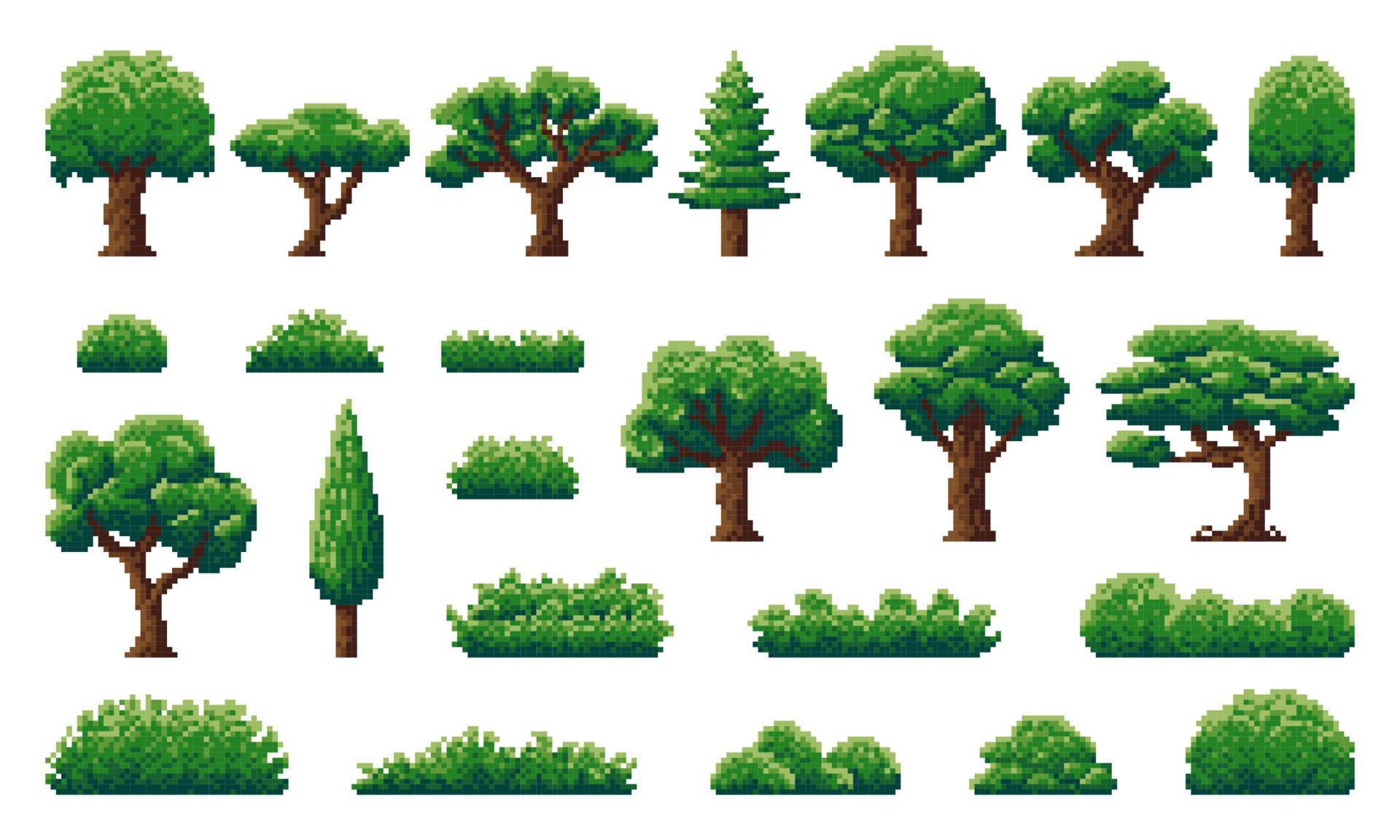 Pixel forest and jungle trees, shrub, grass plants 22989022 Vector Art at Vecteezy