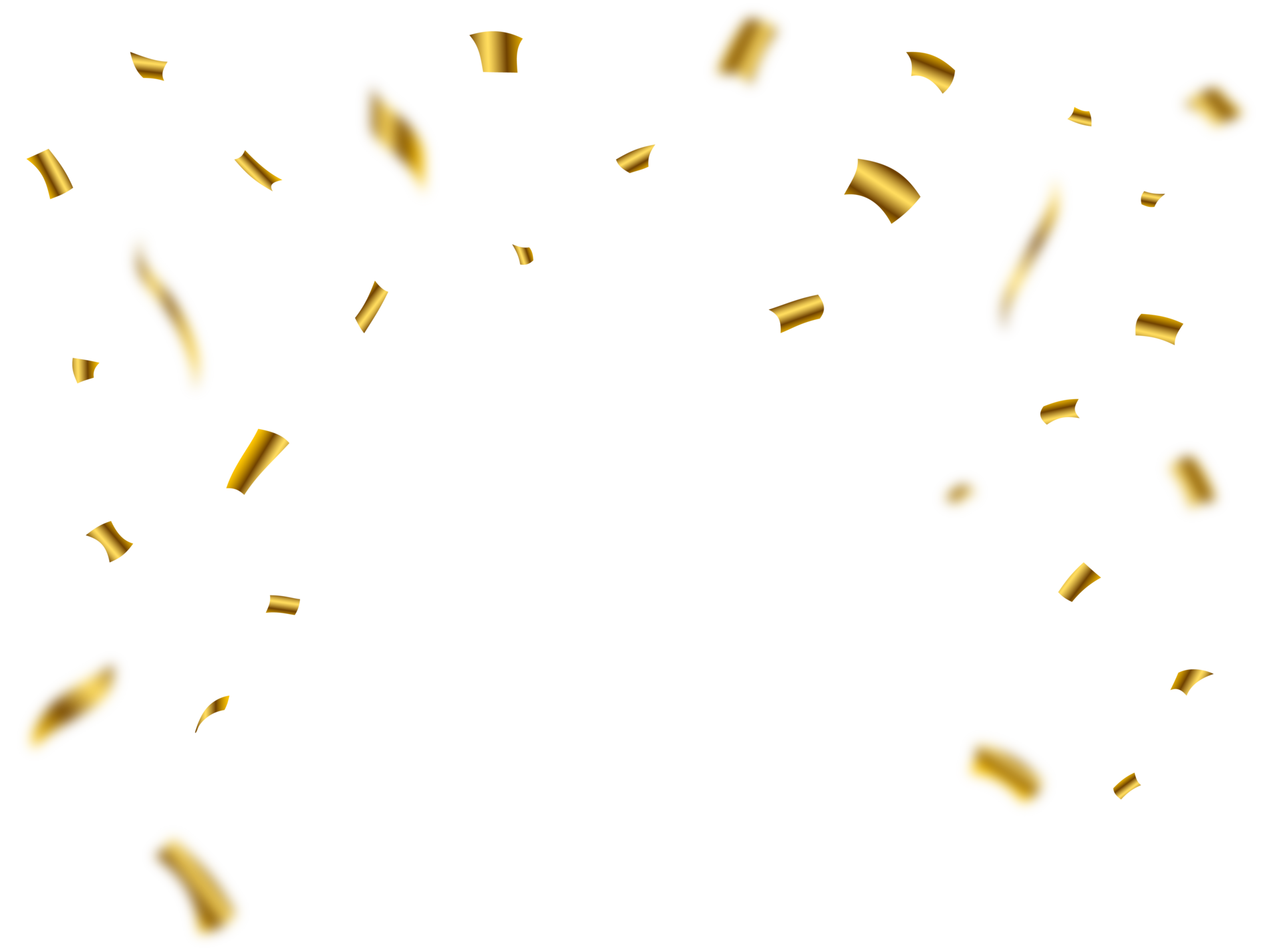 Golden confetti and ribbon falling isolated on transparent background. Event and birthday party ...