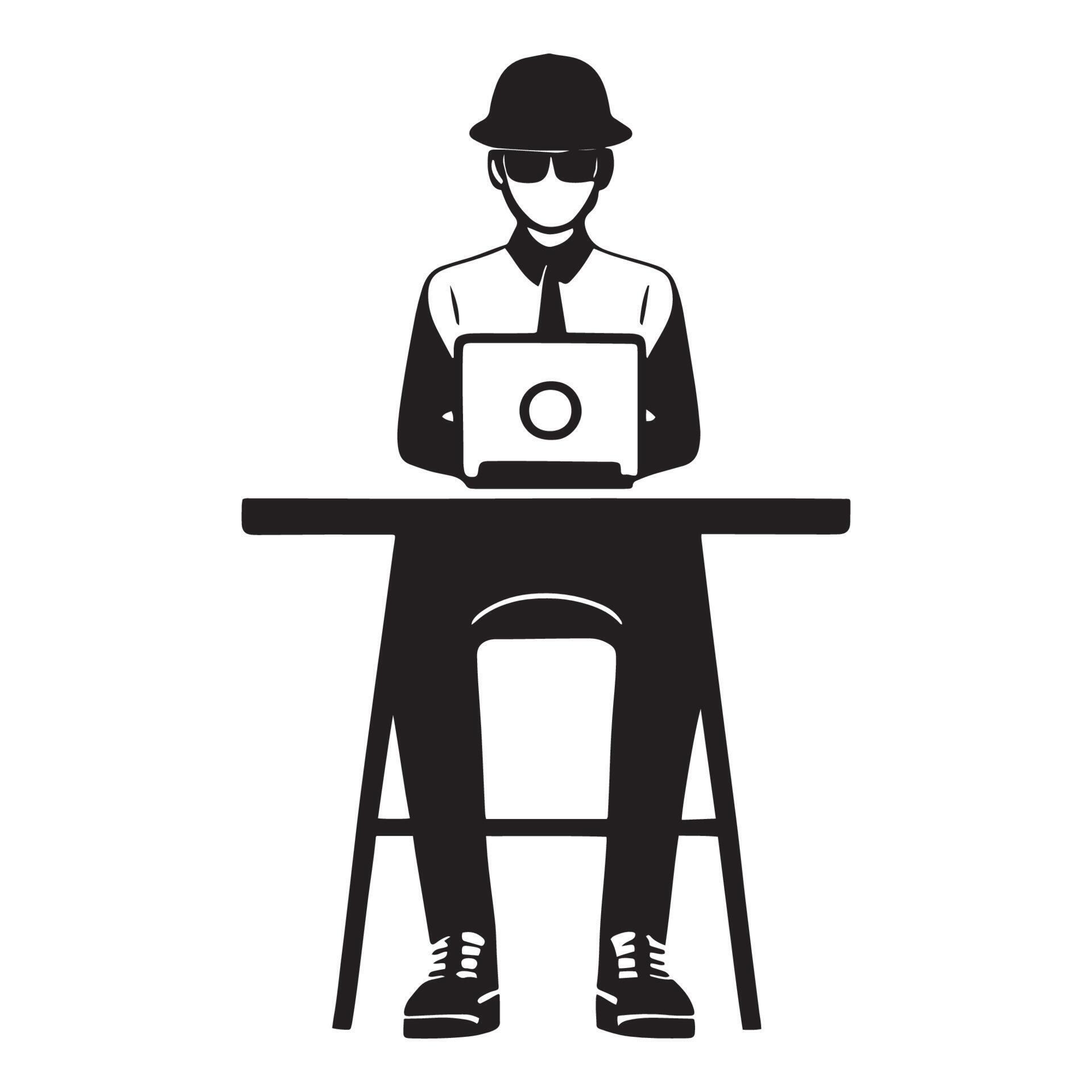 Silhouettes Of Hacker With Laptop Hacker With Laptop Black Silhouette On White Background