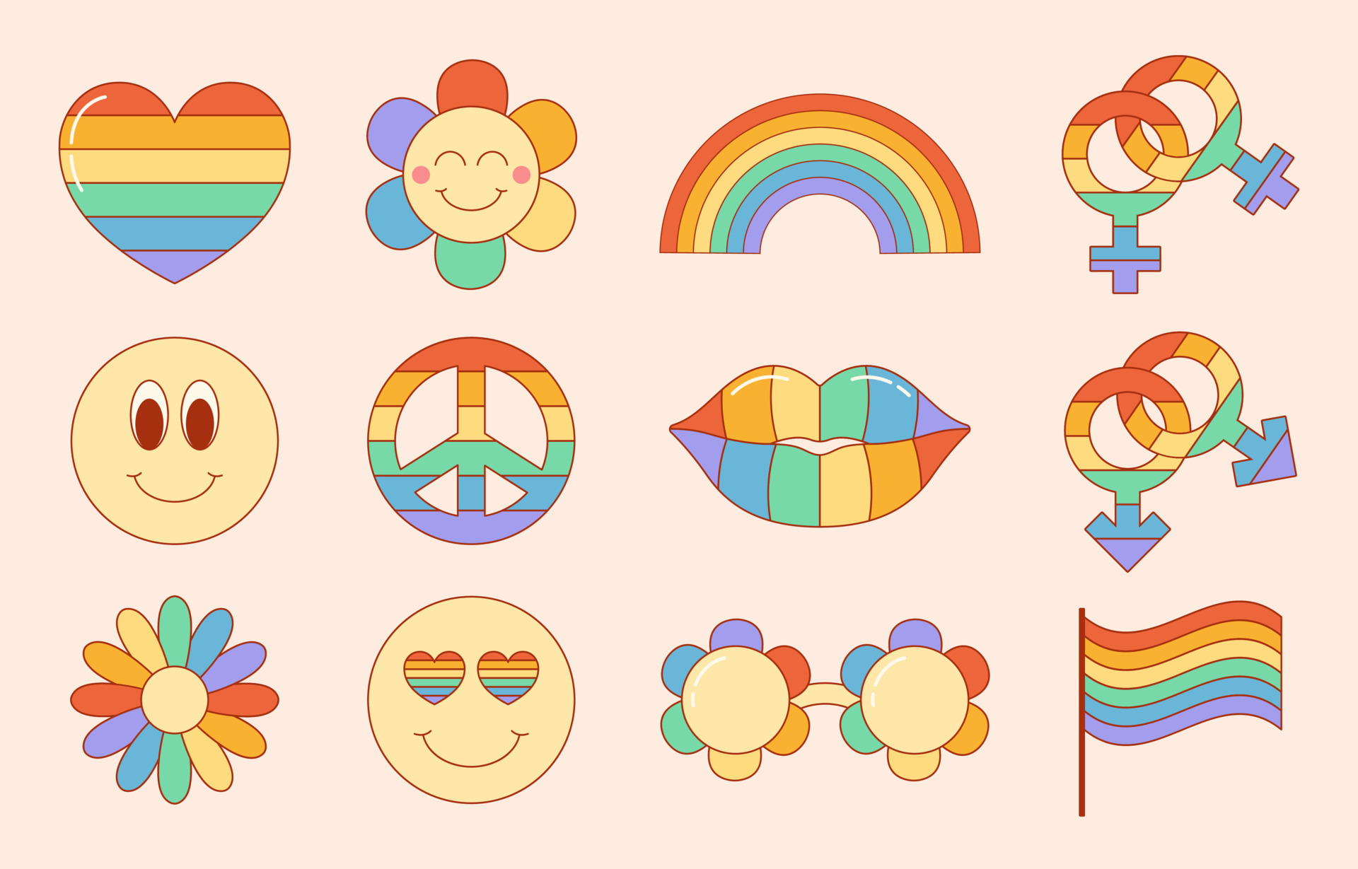 Retro Hippie Lgbt Elements Collection For Pride Month Gay And Lesbian