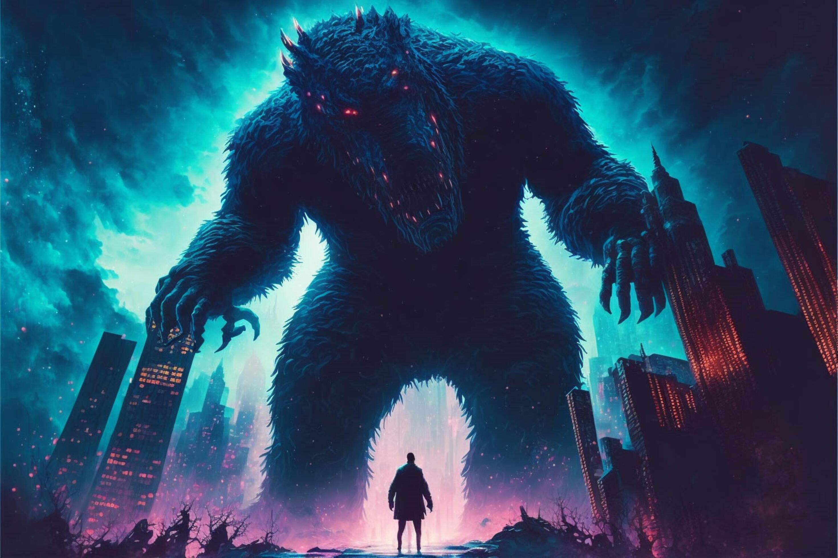 man standing in front of a giant monster. . 23002908 Stock Photo at Vecteezy