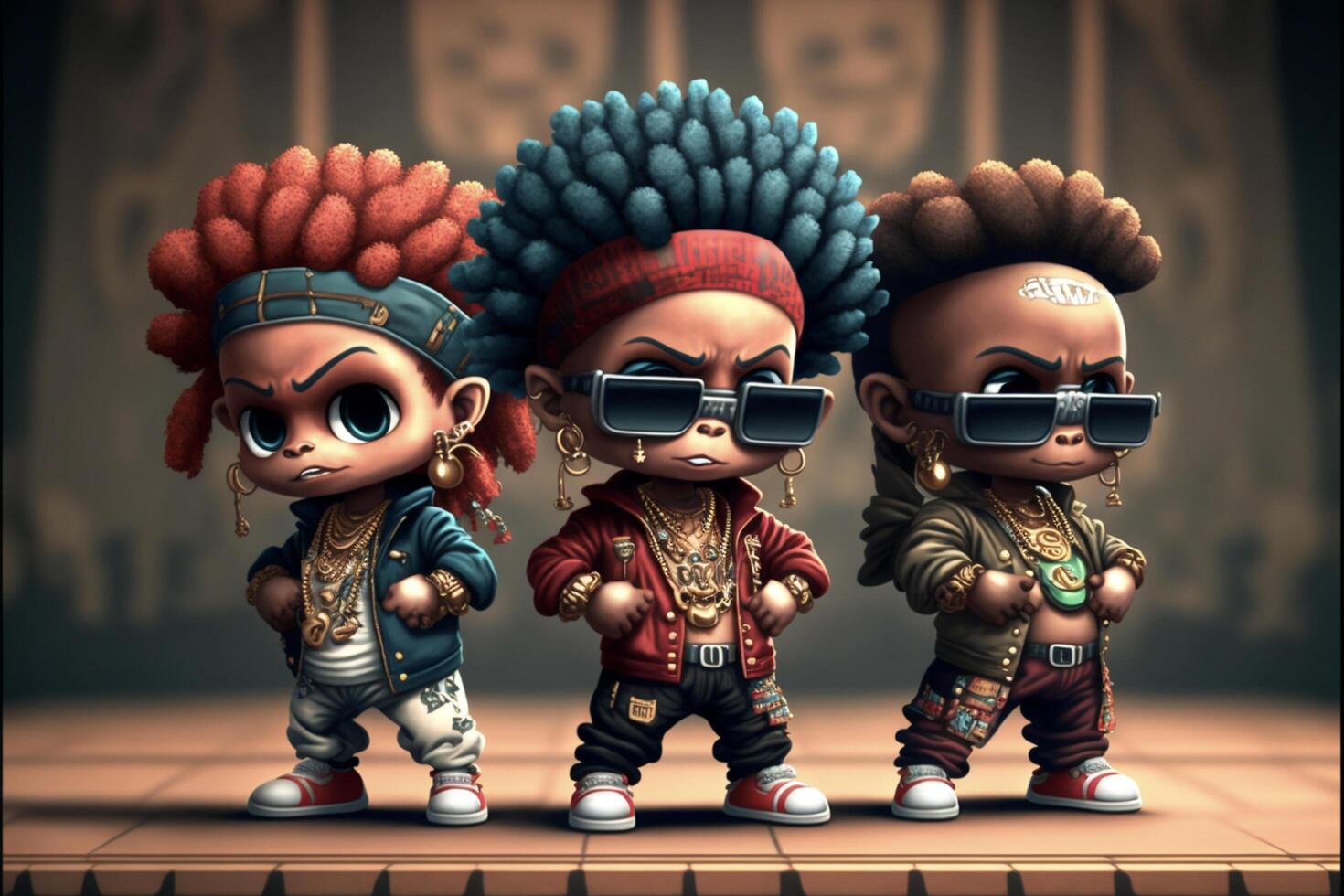 group of three cartoon characters standing next to each other ...