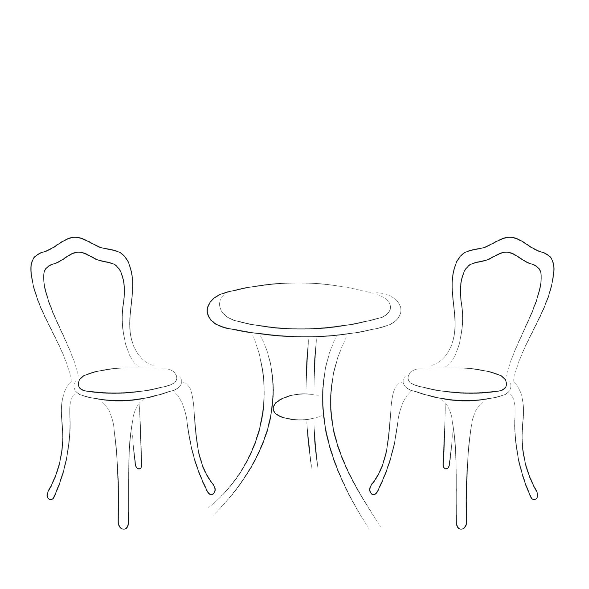 Sketch of hand drawn outline table and two chairs isolated on white ...