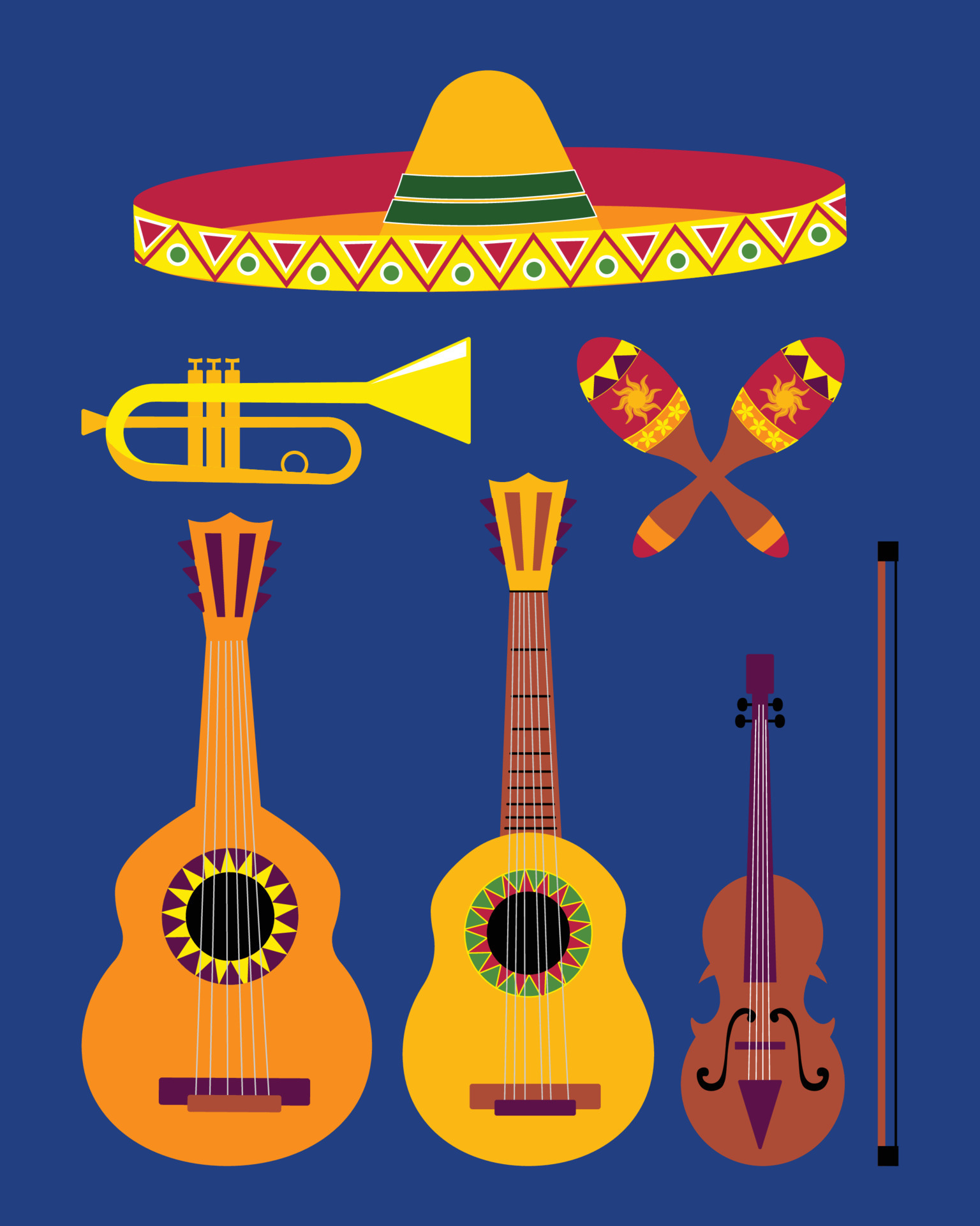 vector ilustración de dibujos animados estilo Mariachi instrumentos y un sombrero sombrero en ...