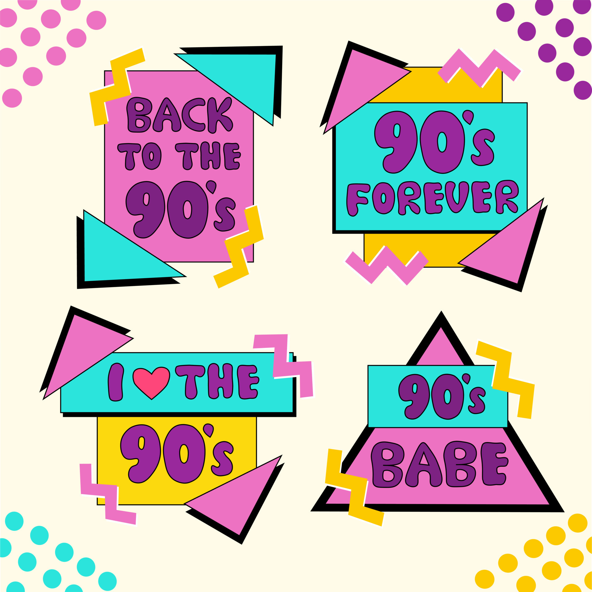 Set of emblems, stickers, logo and labels of the 90s. Back to 90s. I love the 90. Forever Young ...