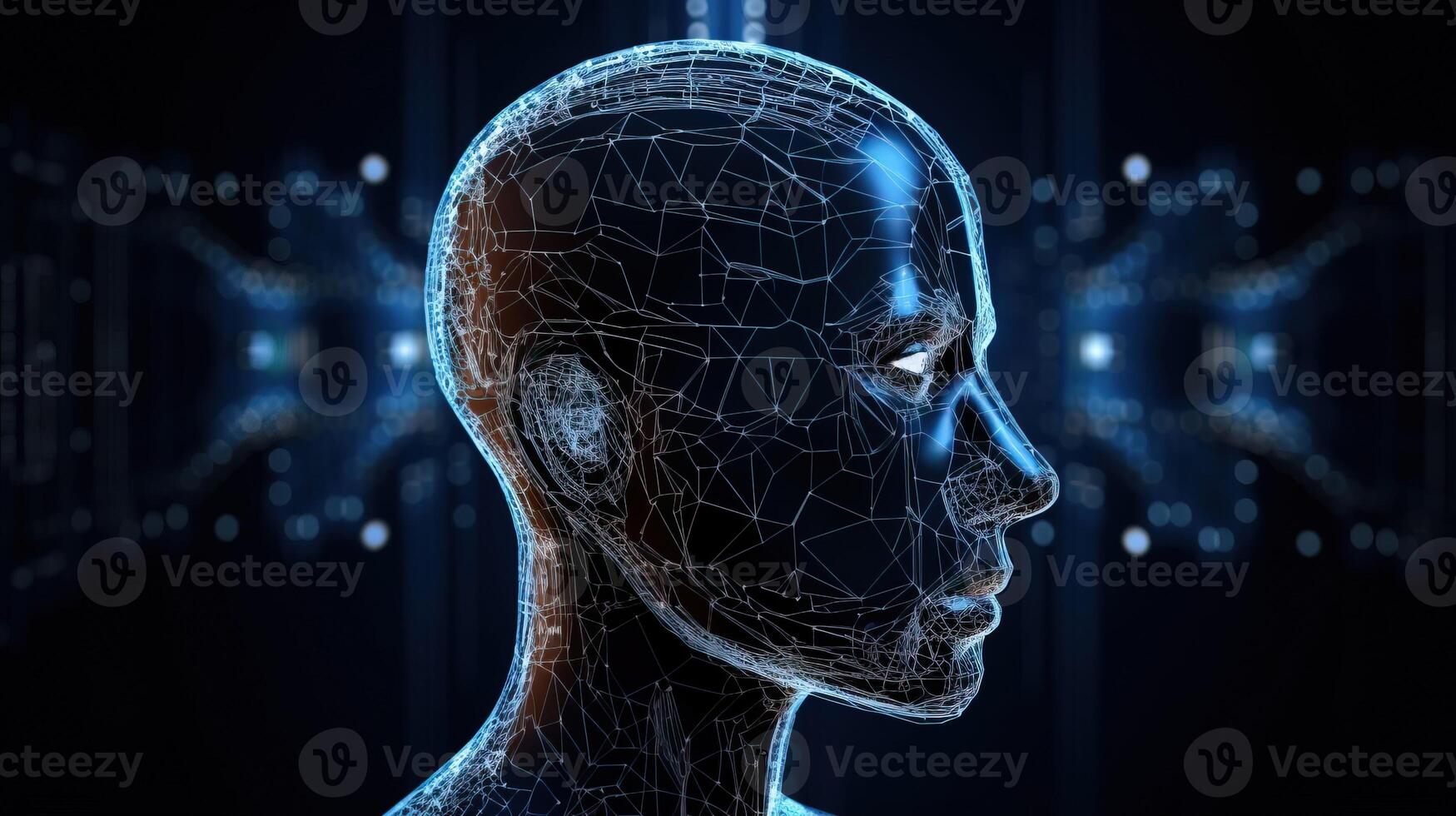 Artificial intelligence, composition of a chrome cyborg robot on a dark background, isolate ...