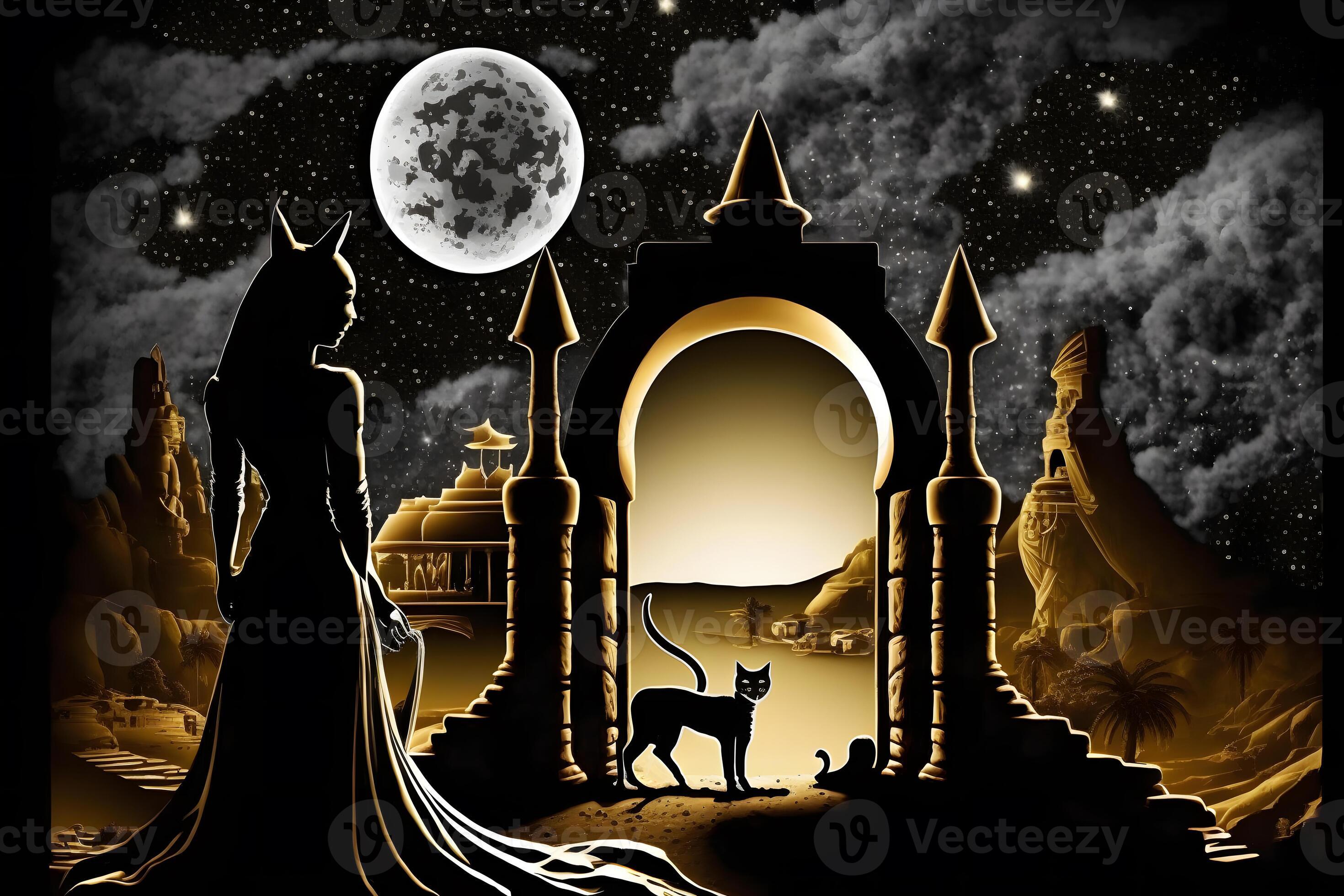 Egyptian Fantasy Abstract Background Egyptian Goddess Bastet Black Cat Neural Network