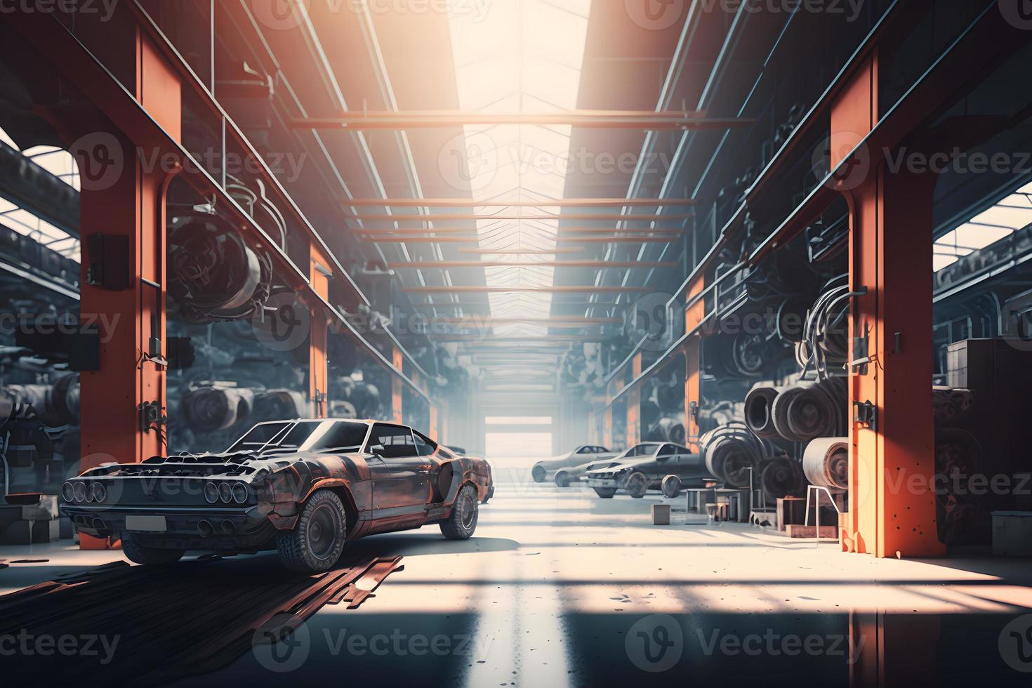 Automation aumobile factory concept. Robot assembly line in car manufacturing. Neural network ...