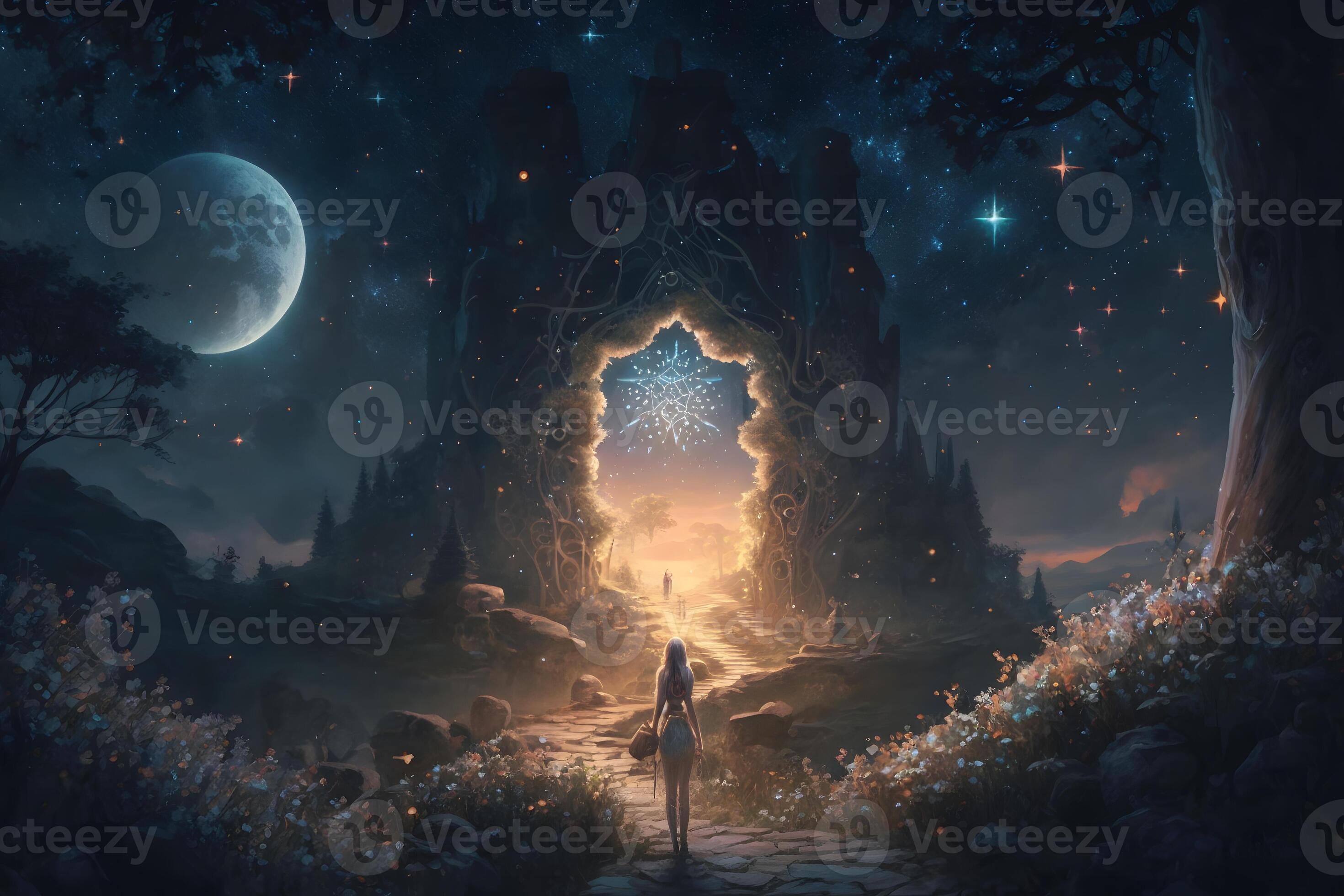 Magic fairy tale night fantasy landscape with girl silhouette. Neural ...