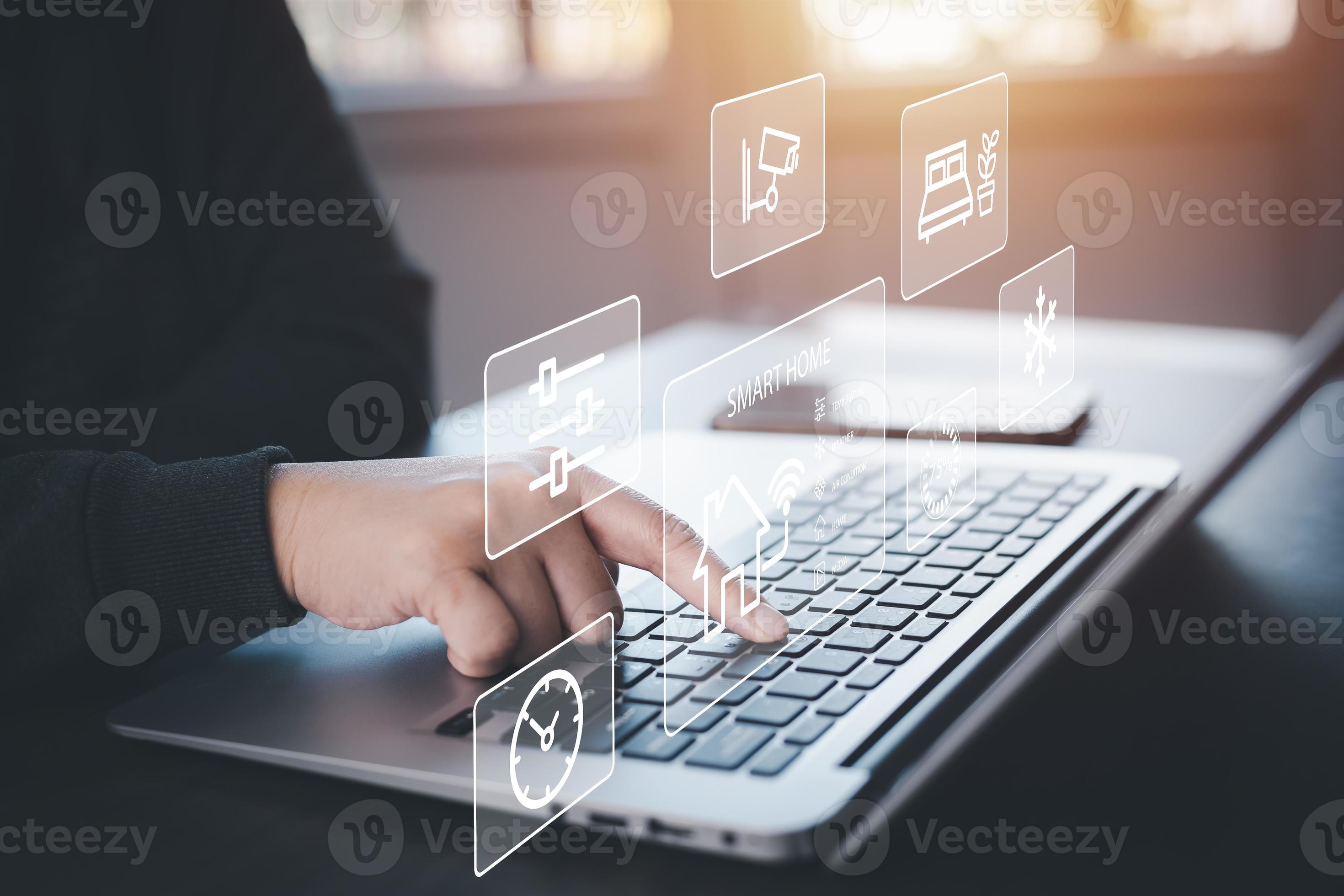 Hand using AI smart tablet with smart home app on the room, circular ...