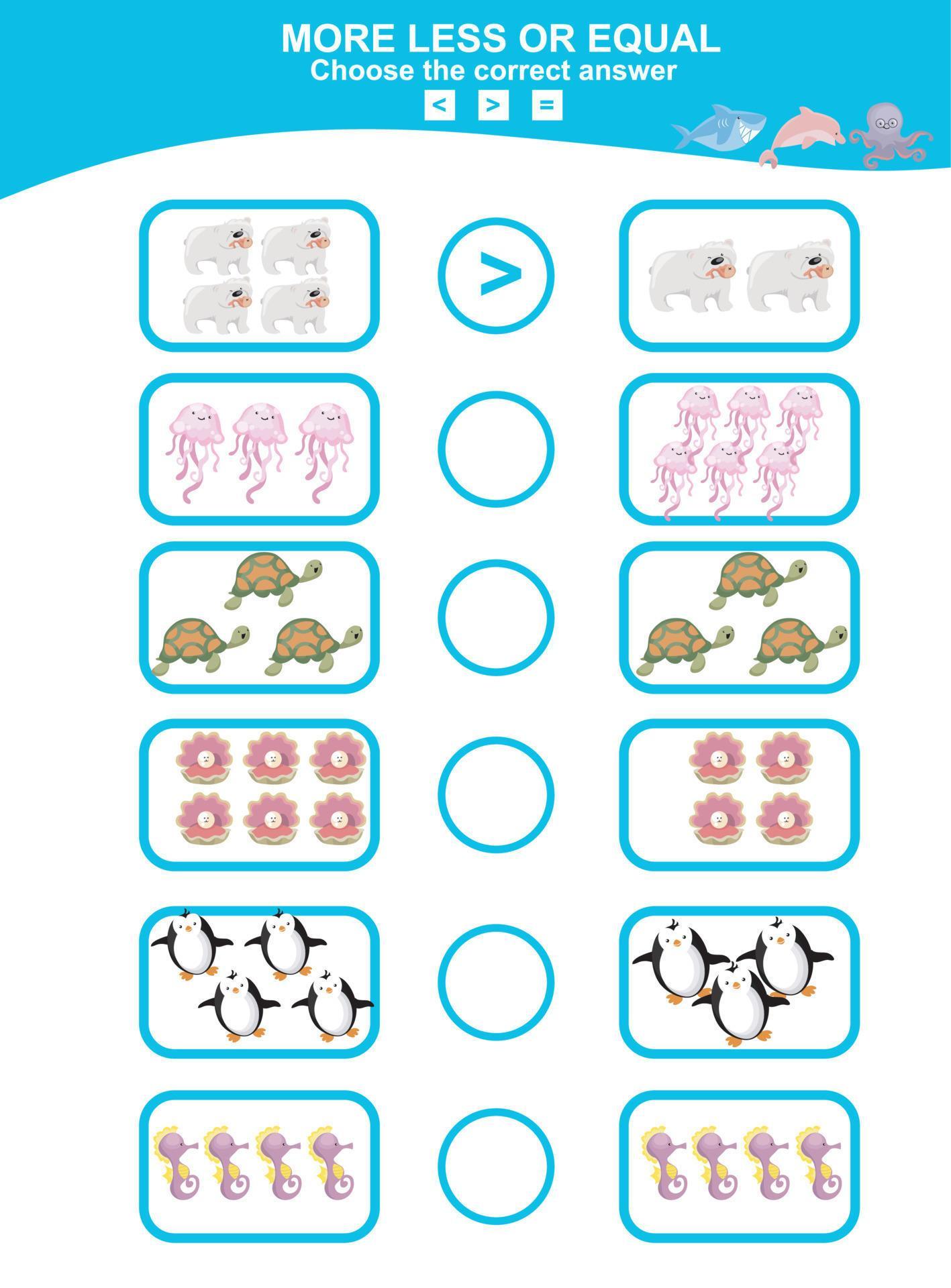 Choose more, less or equal game. Math education worksheet with animal ...