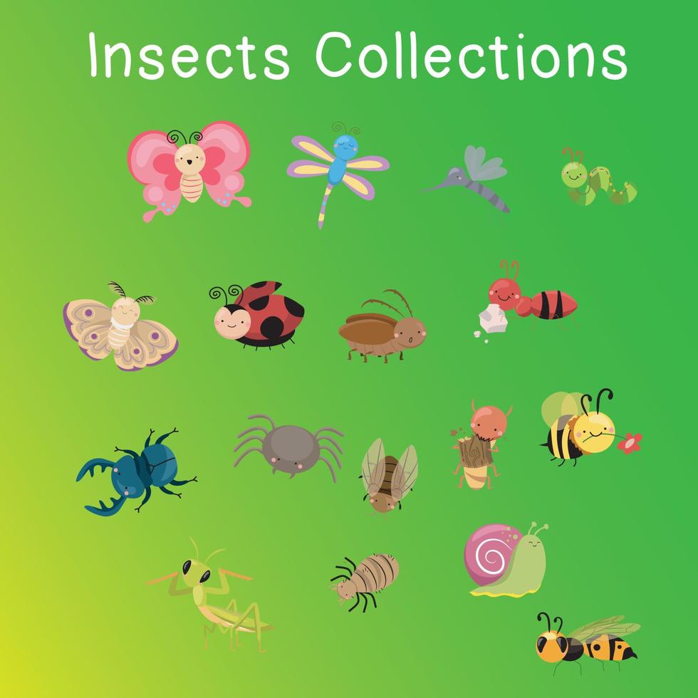 Insect collections with cute cartoon style. Cute colourful bugs collections. Vector illustration ...