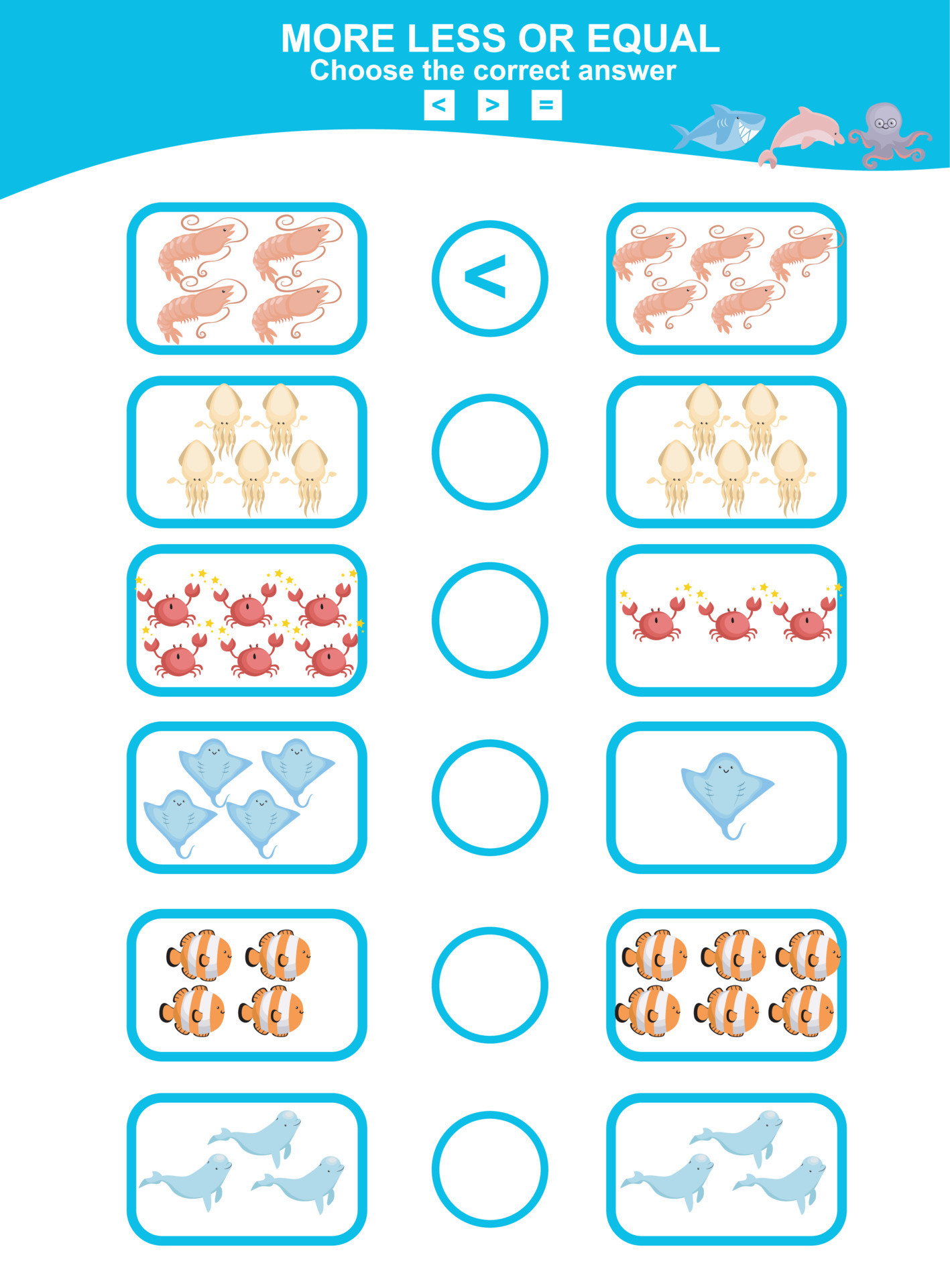 Choose more, less or equal game. Math education worksheet with animal ...