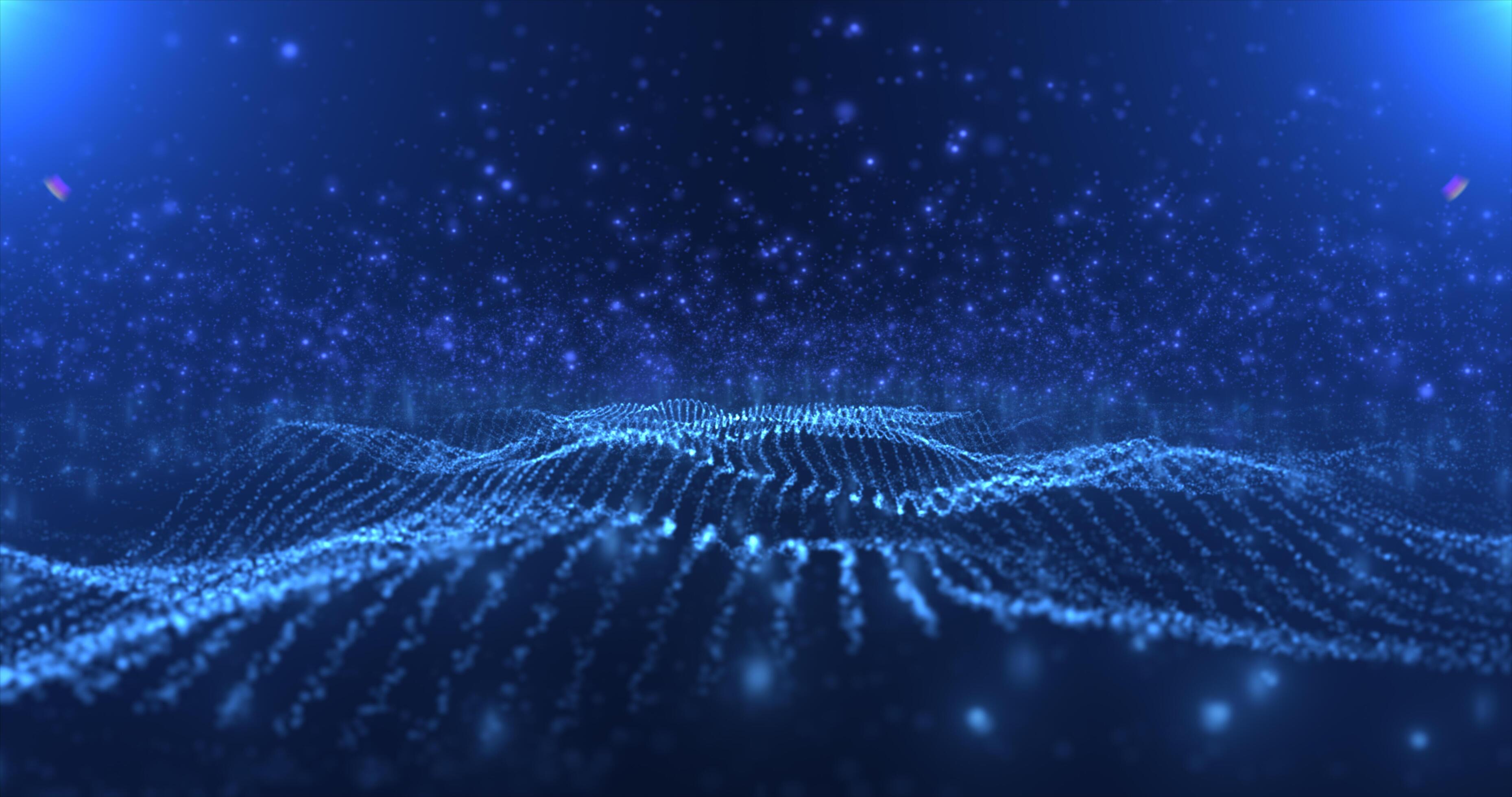 Abstract Blue Waves Lines From Particles And Dots Of Energetic Magic With Glow Effect And Blur