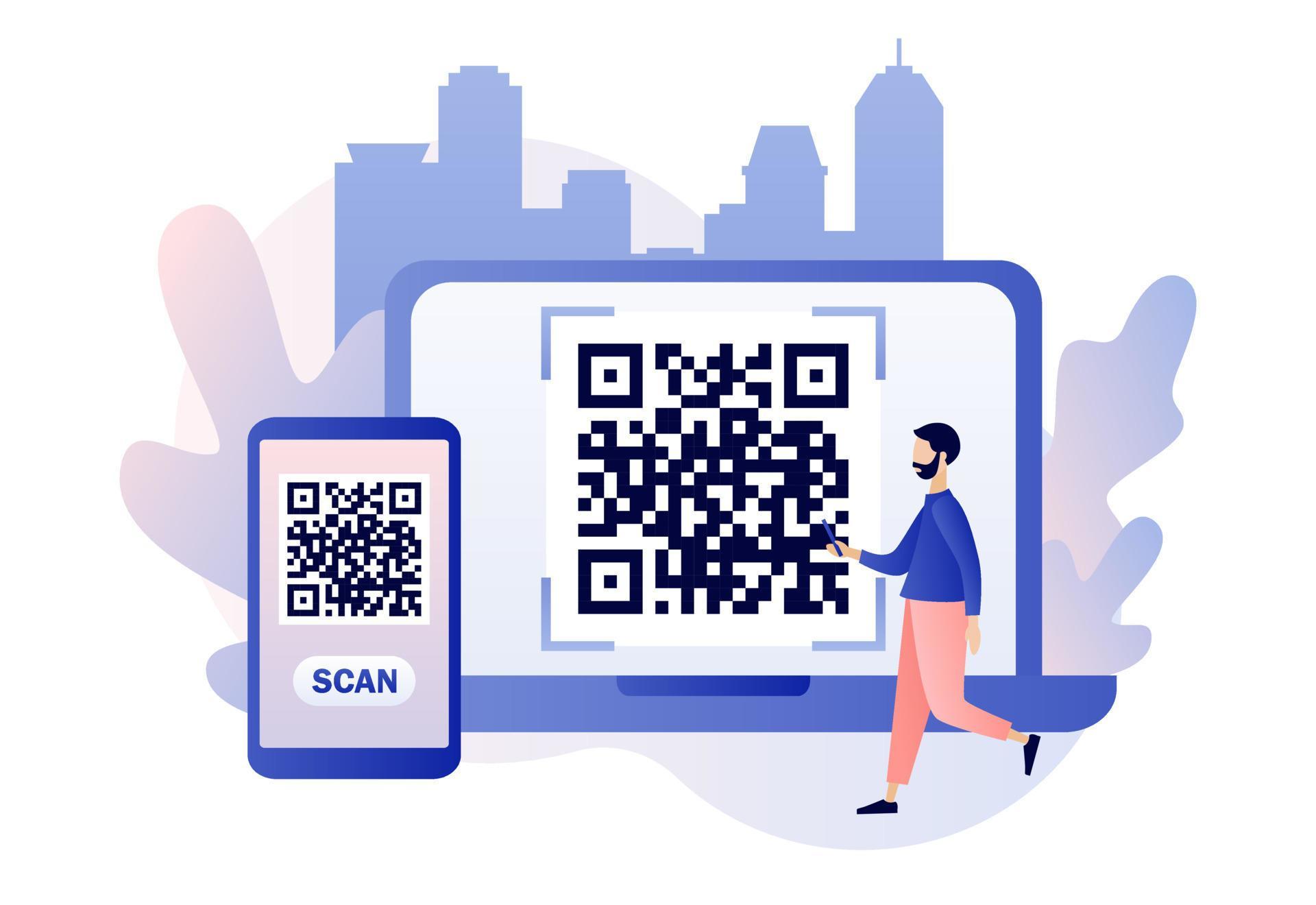QR Code scanning concept. Tiny male scan code using smartphone and laptop. Modern flat cartoon ...