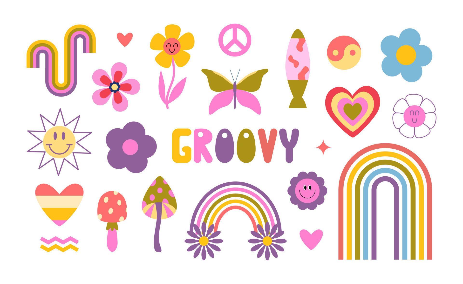 Retro 70s Groovy Hippie revival set. Y2k. Retro vibes. Groovy daisy flowers, rainbows, mushrooms ...