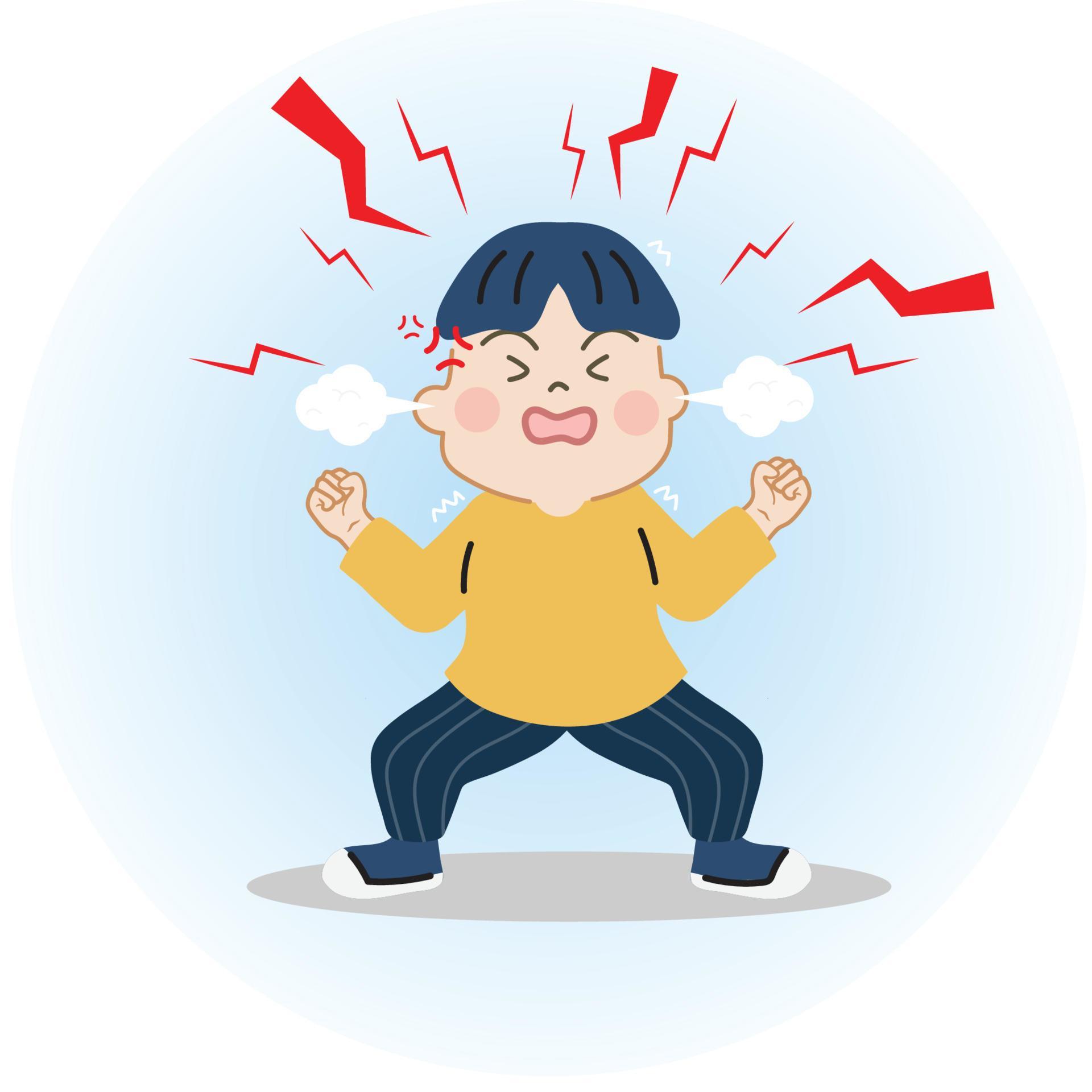 Cute little boy angry, tantrum and scream very loud. Cartoon hand drawn character vector ...