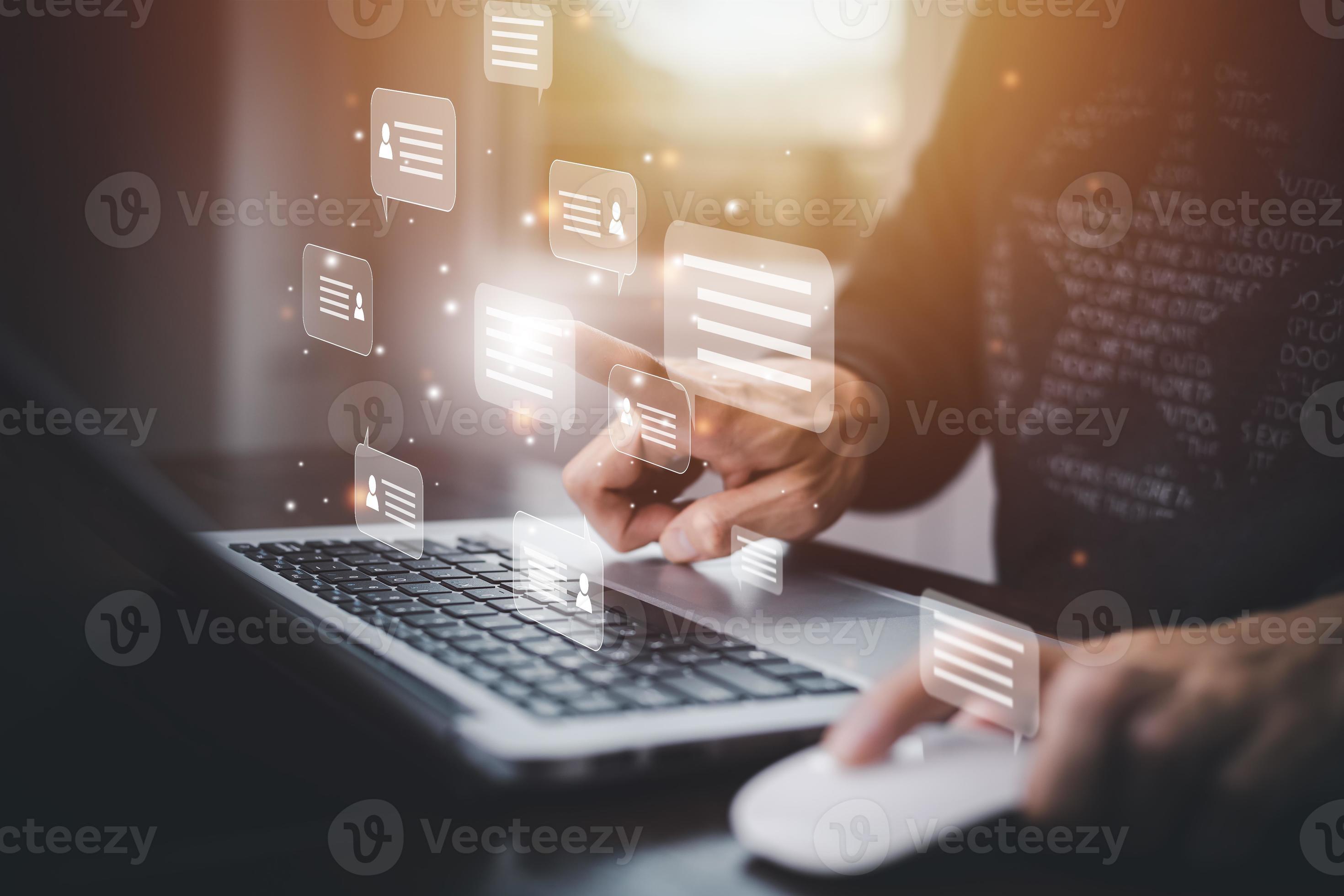 Businessman hold Laptop and touch Chat bot Chat with AI, Artificial ...