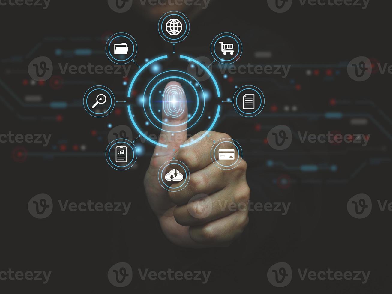 Businessman Using Thumb Scan Fingerprint To Access Data Authentication