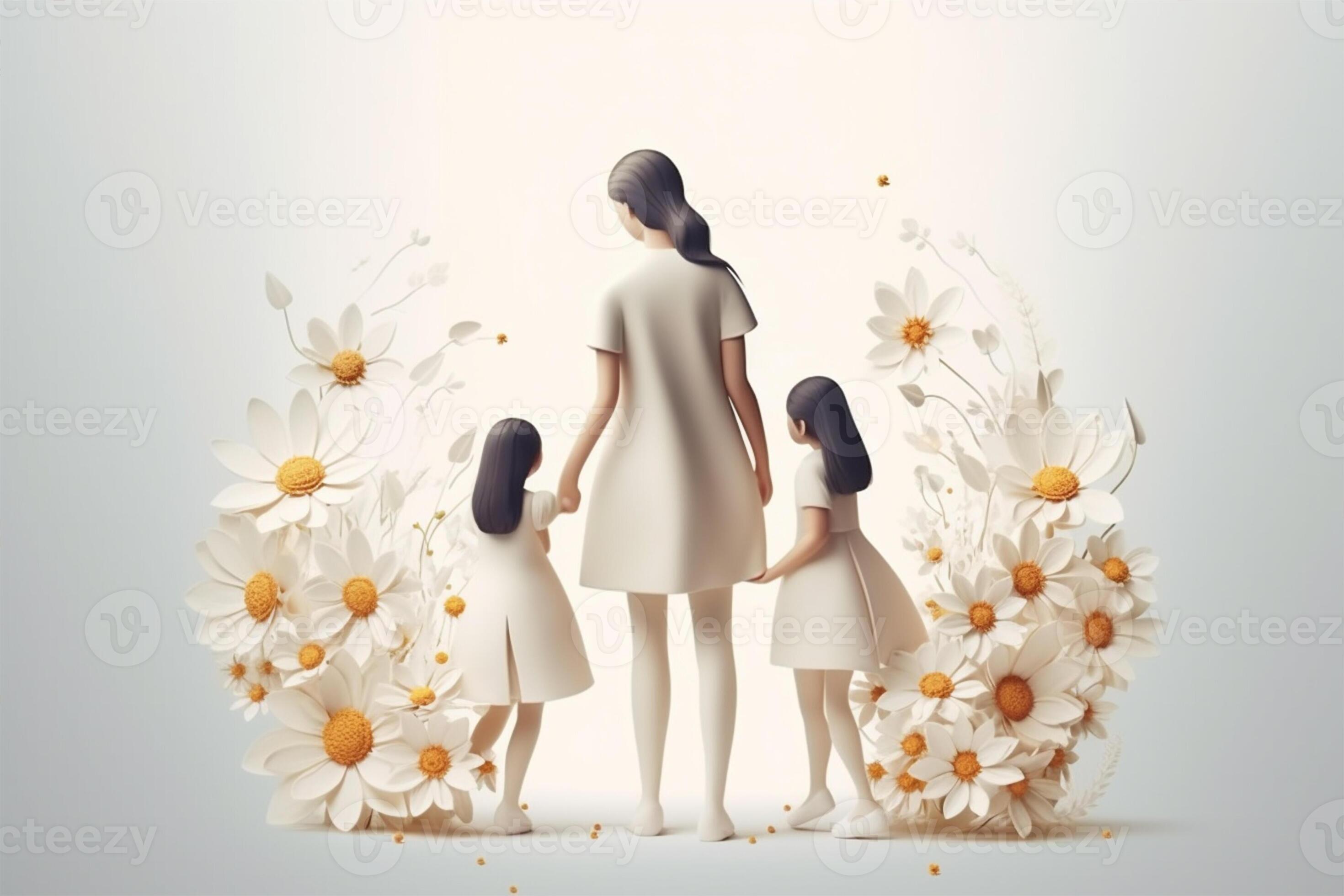 Beautiful Mother With Her Two Daughters On A White Background With