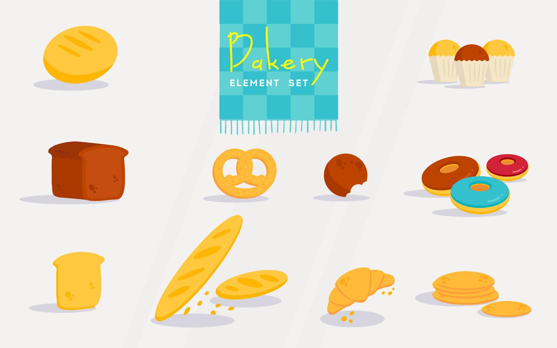 Bakery element set with bread, baguette, croissant, cookie and donuts ...