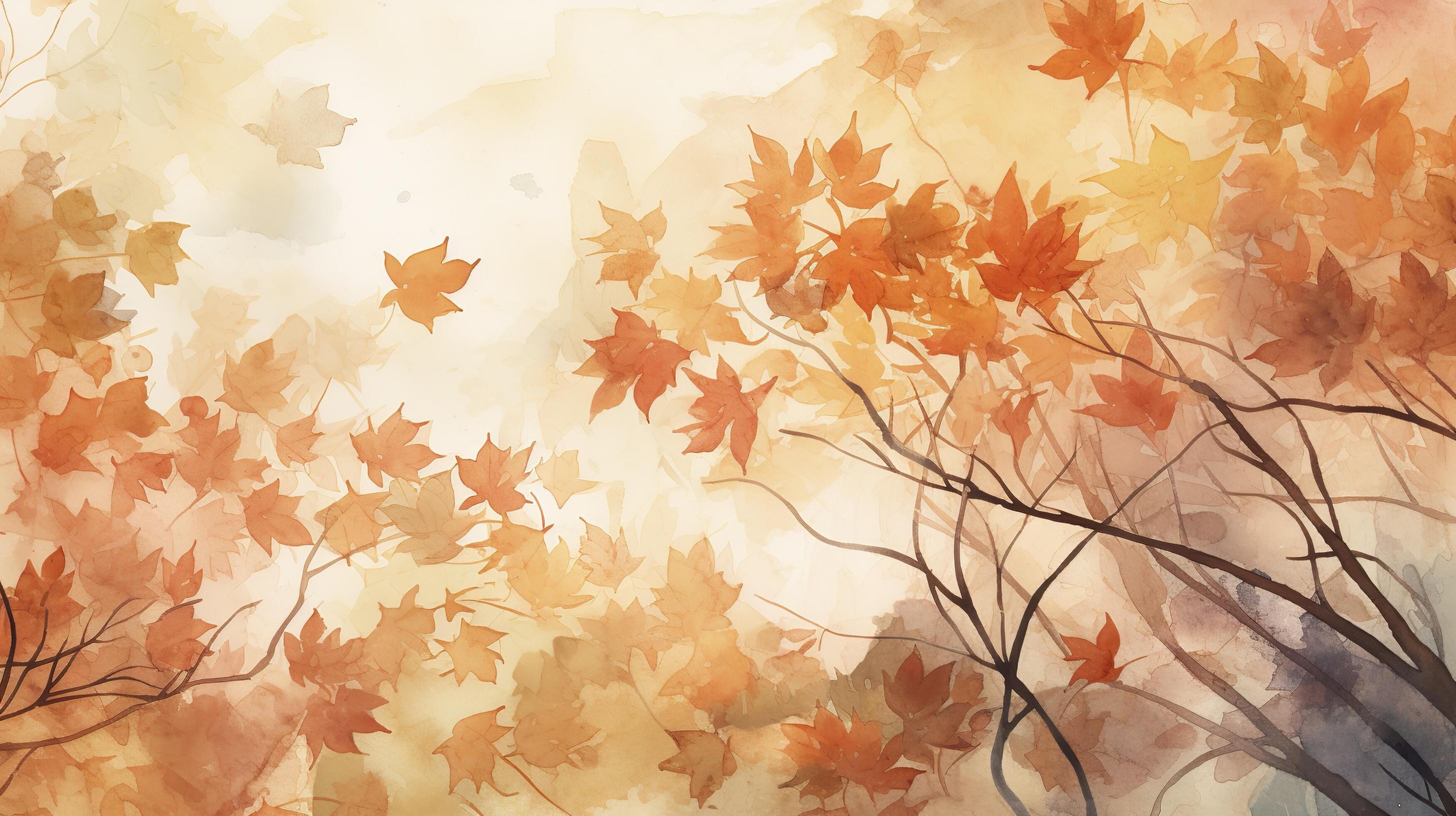Autumn background with watercolor leaves on top, in the style of light ...