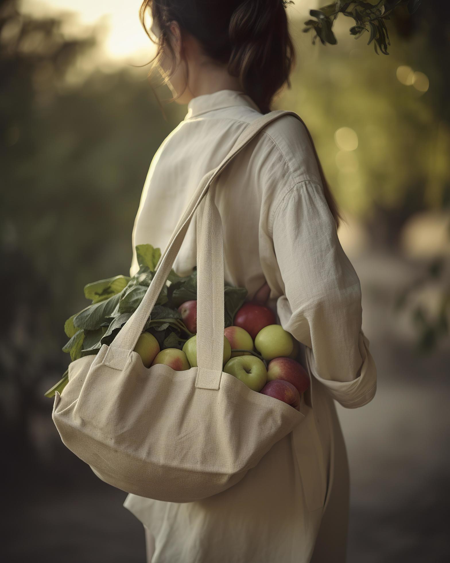 Un Mujer Que Lleva Un Reutilizable Tienda De Comestibles Bolso Lleno De Fresco Frutas Y