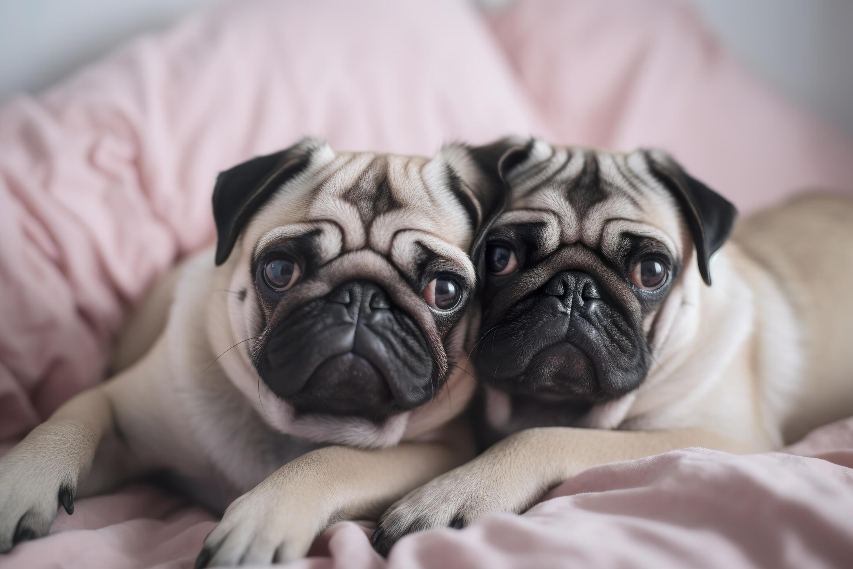 Two adorable pugs are snuggling on a pink bed photorealist, generate ai 23042372 Stock Photo at ...