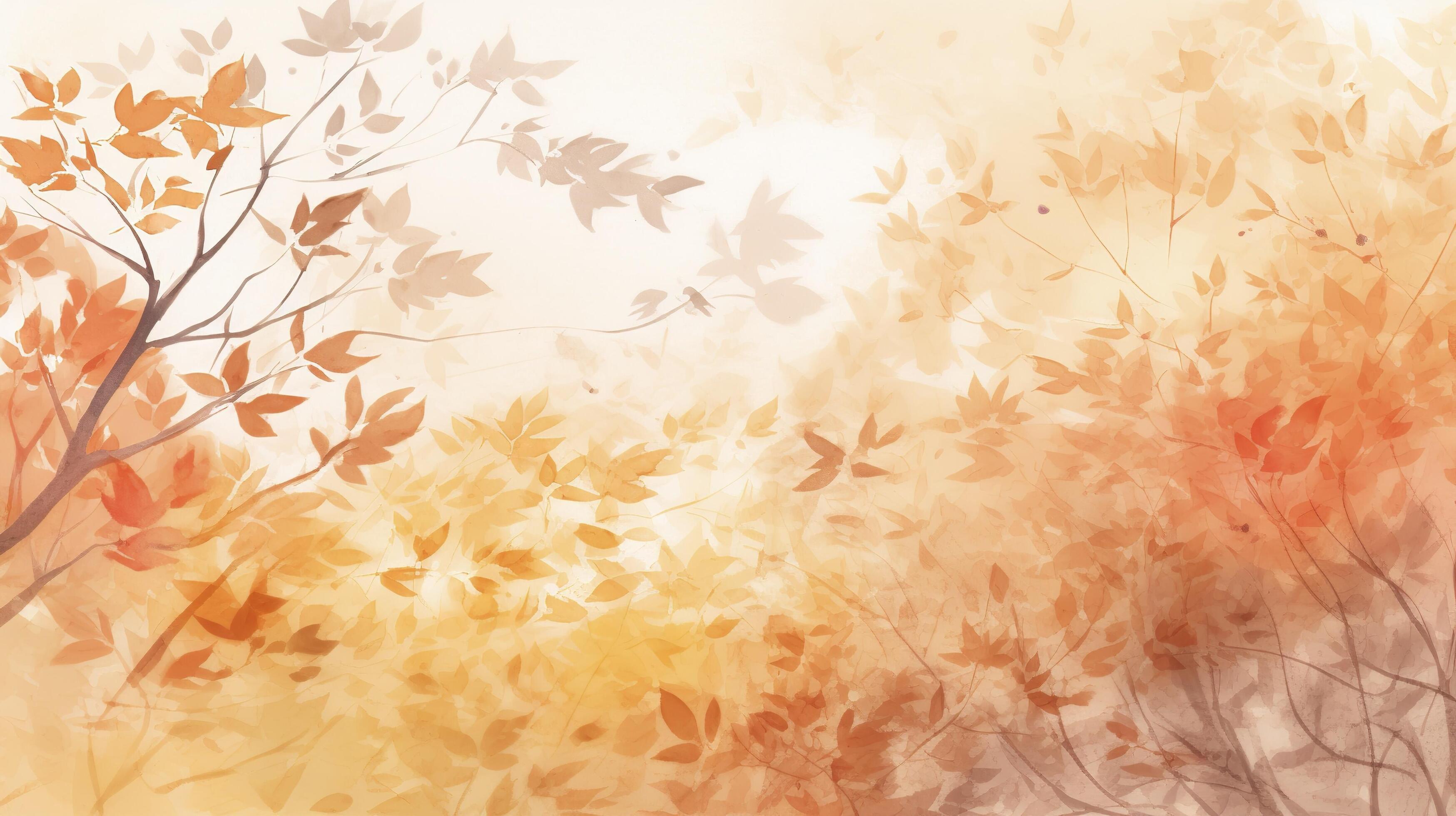 Autumn background with watercolor leaves on top, in the style of light ...