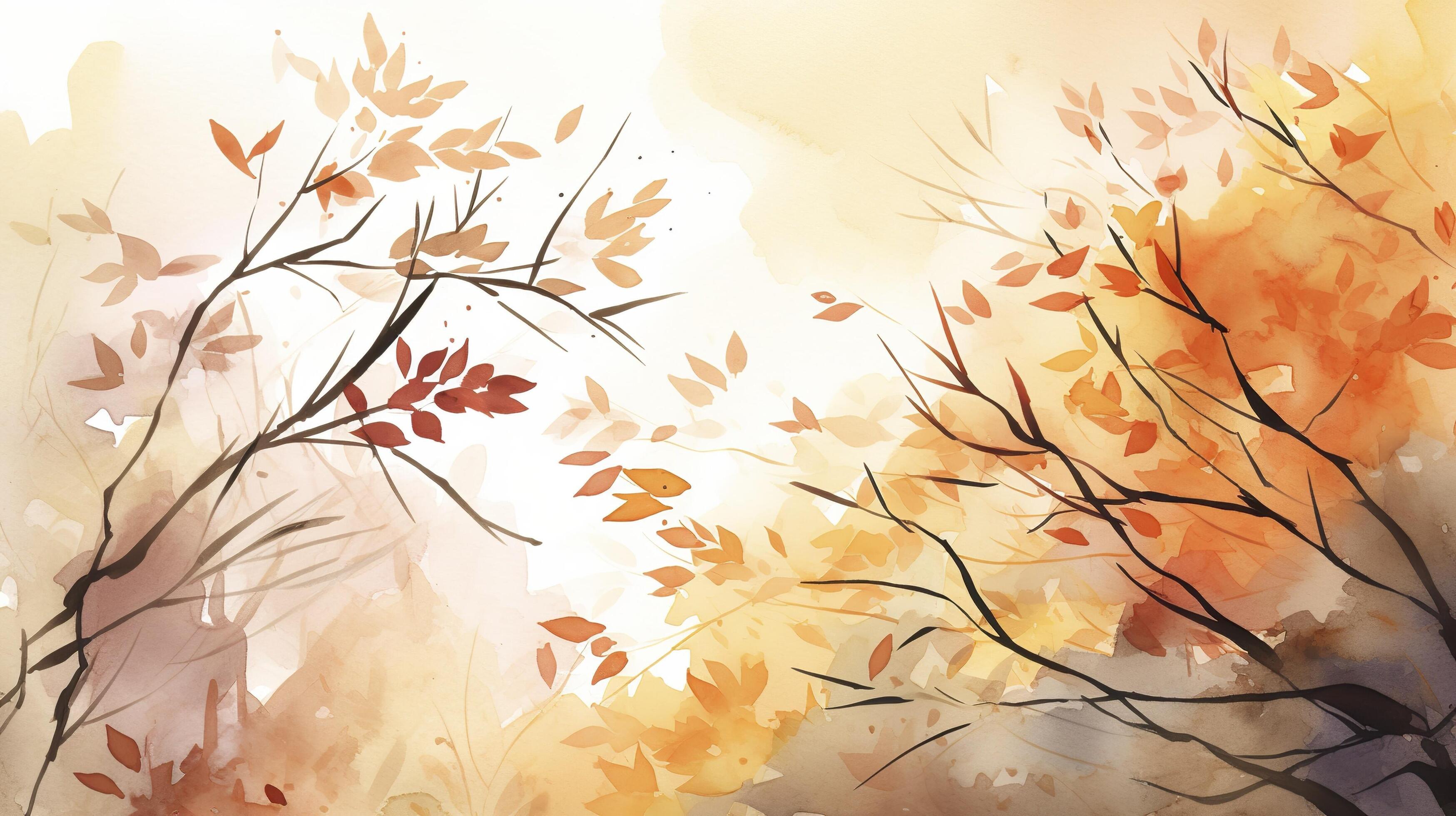 Autumn background with watercolor leaves on top, in the style of light ...