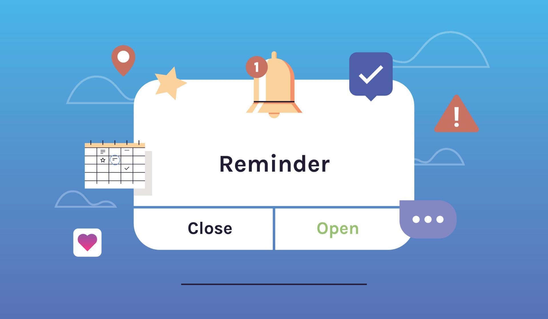 Reminder, notification page with floating elements and business planning, events, timetable flat ...