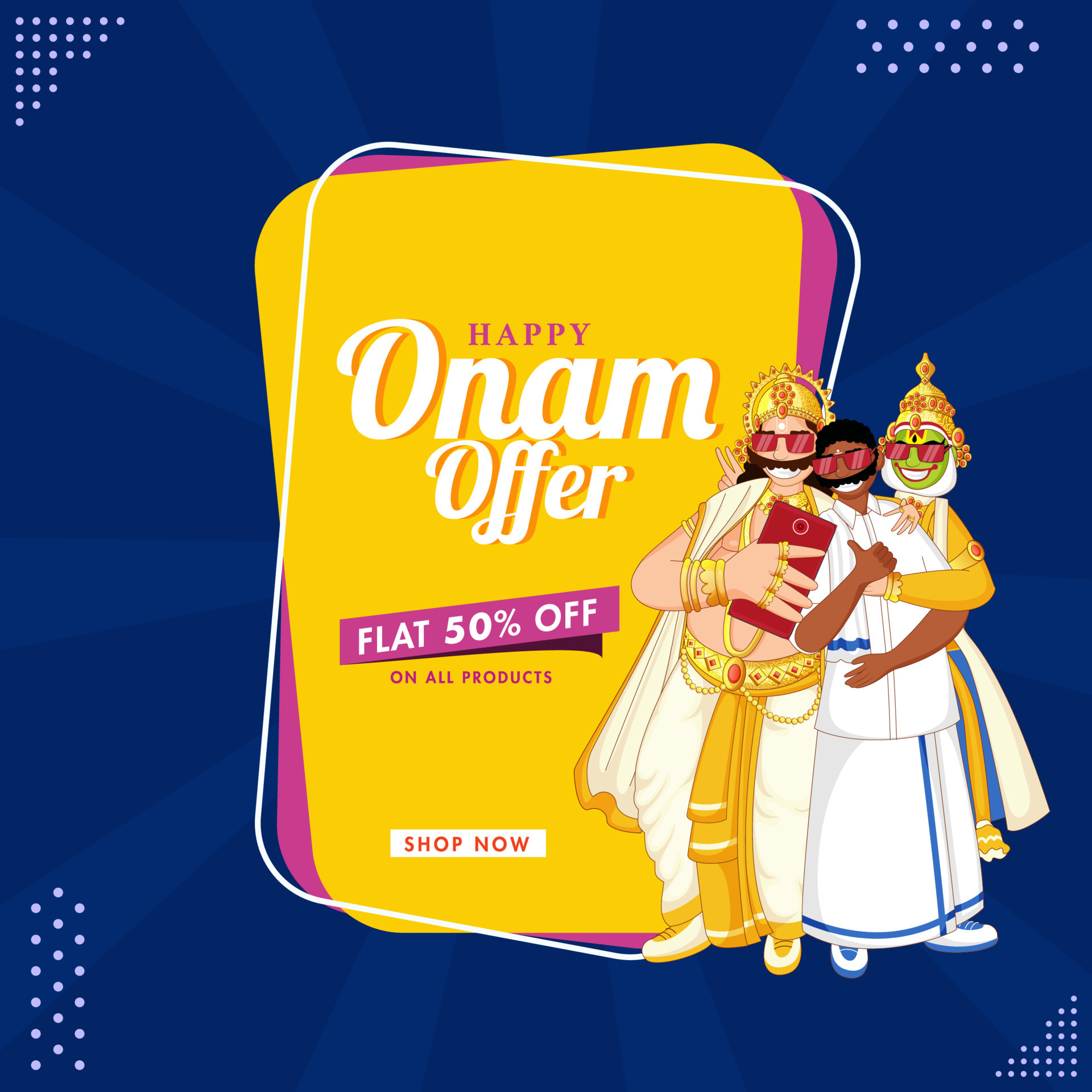 Happy Onam Sale Poster Design with Discount Offer, King Mahabali, Kathakali Dancer and South ...