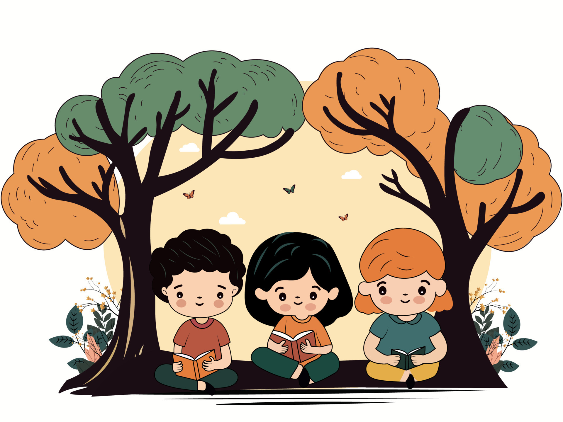 Children Sitting Under The Tree And Reading Books On Nature Background ... Children Sitting Under The Tree And Reading Books On Nature Background ...