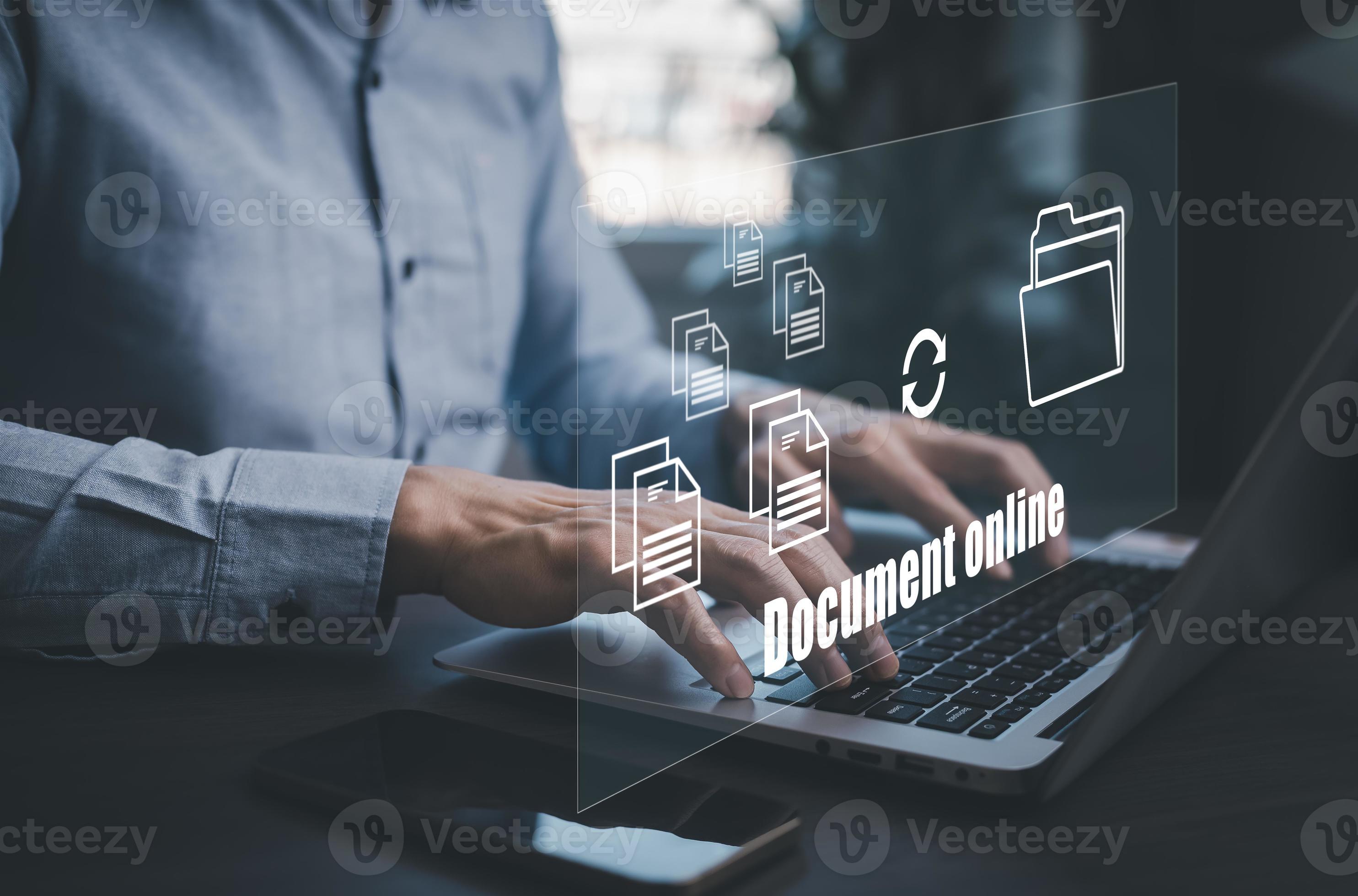 Businesswoman working on laptop with virtual screen. Online documentation database, IT ...