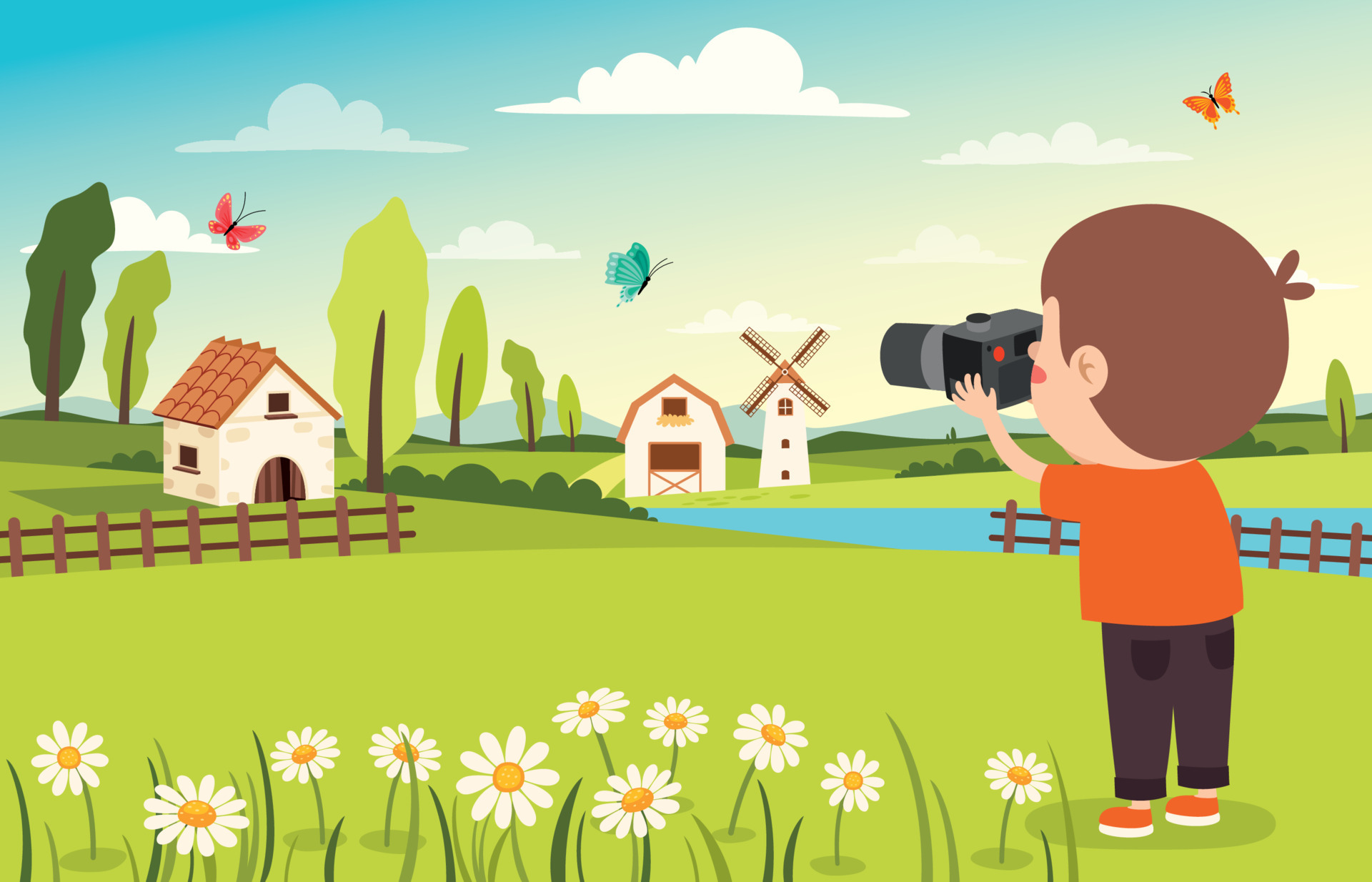 Little Cartoon Kid Taking Photo 23059224 Vector Art at Vecteezy