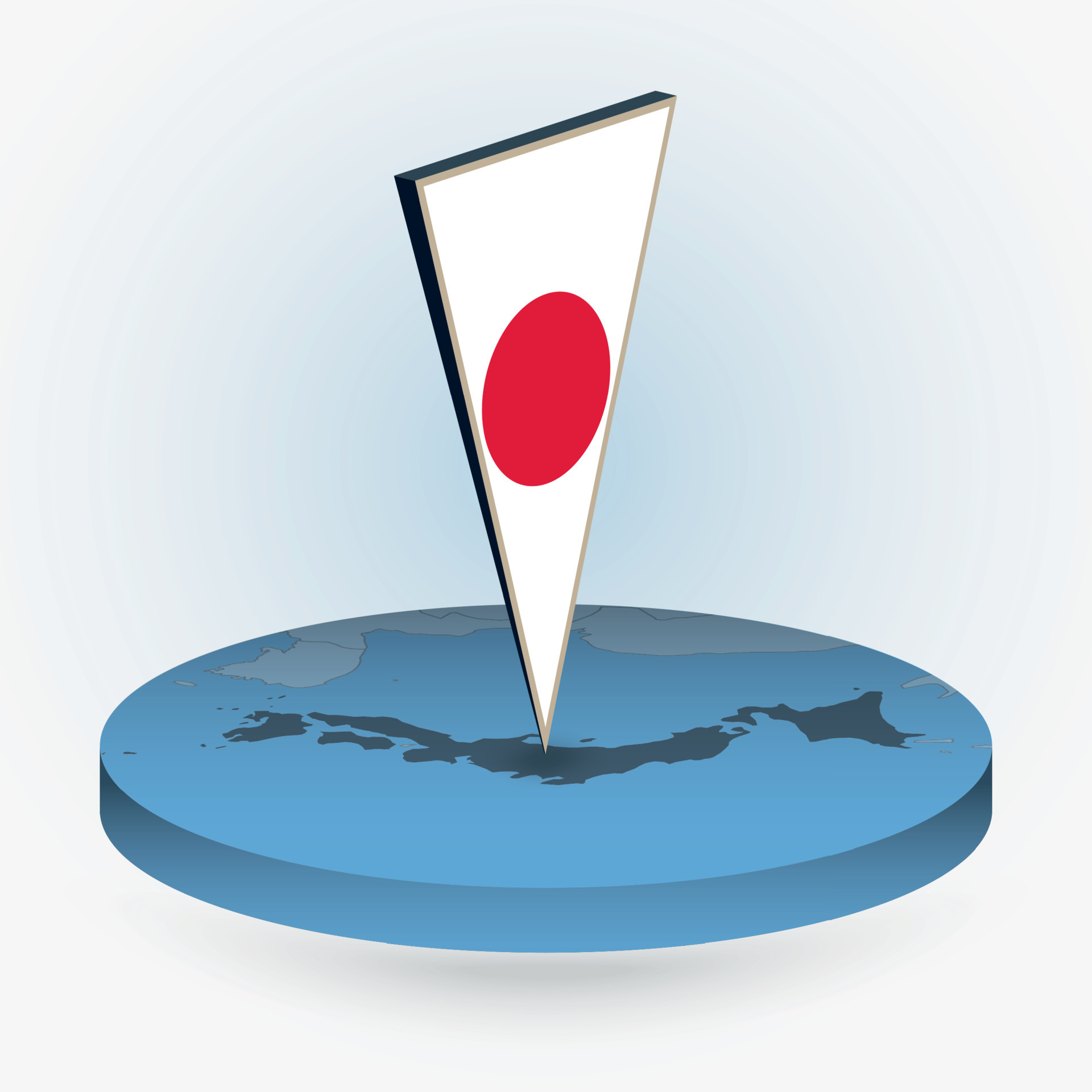 Japan map in round isometric style with triangular 3D flag of Japan ...