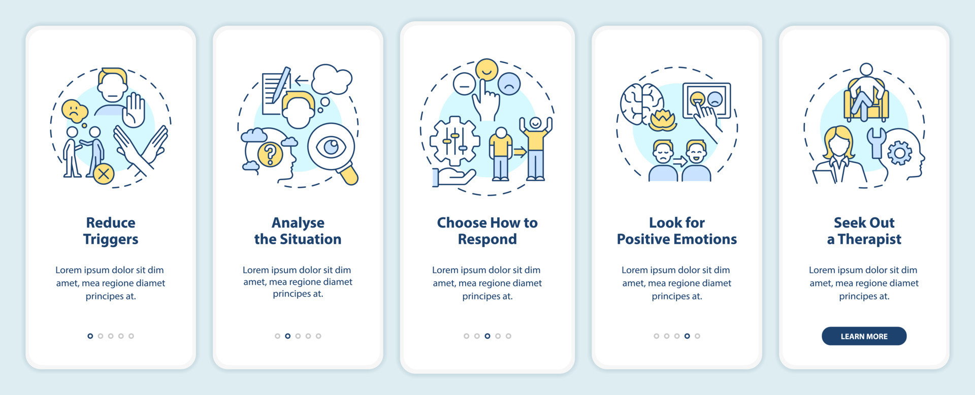 Strategies For Emotional Regulation Onboarding Mobile App Screen Walkthrough 5 Steps Editable