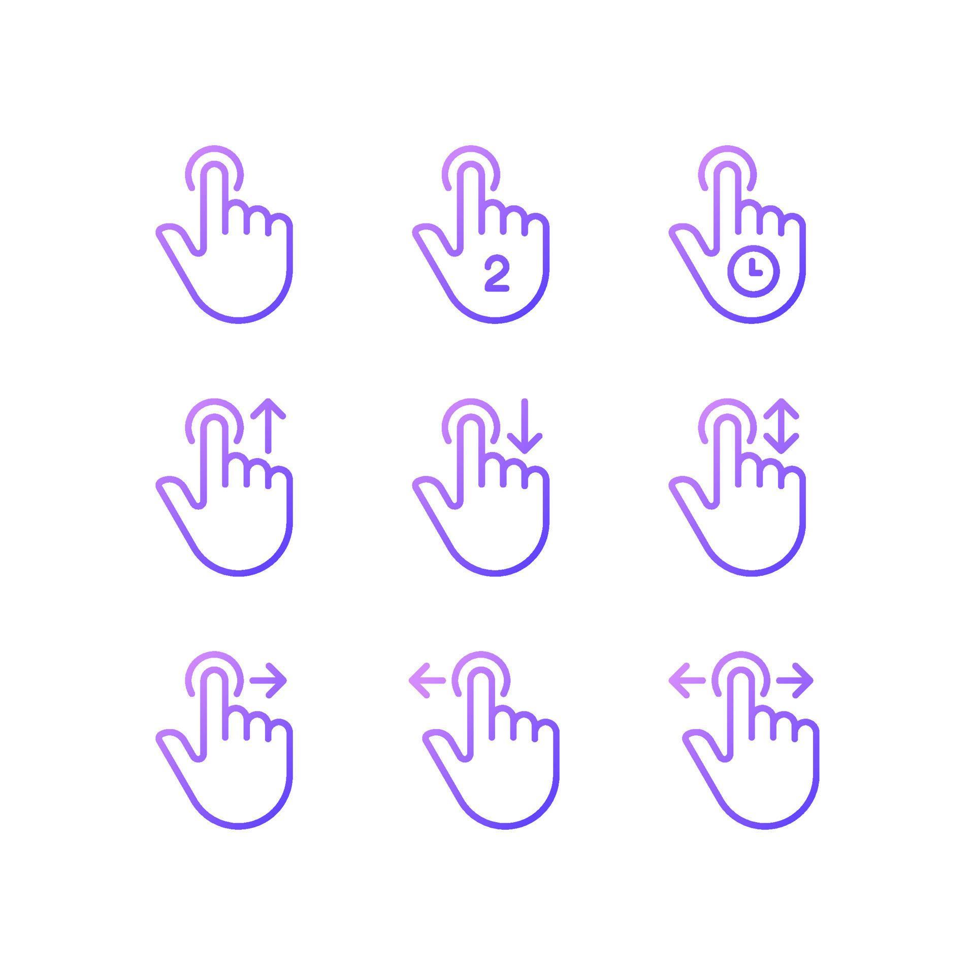 Touchscreen control gradient linear vector icons set. Device navigation gestures. Smartphone and ...