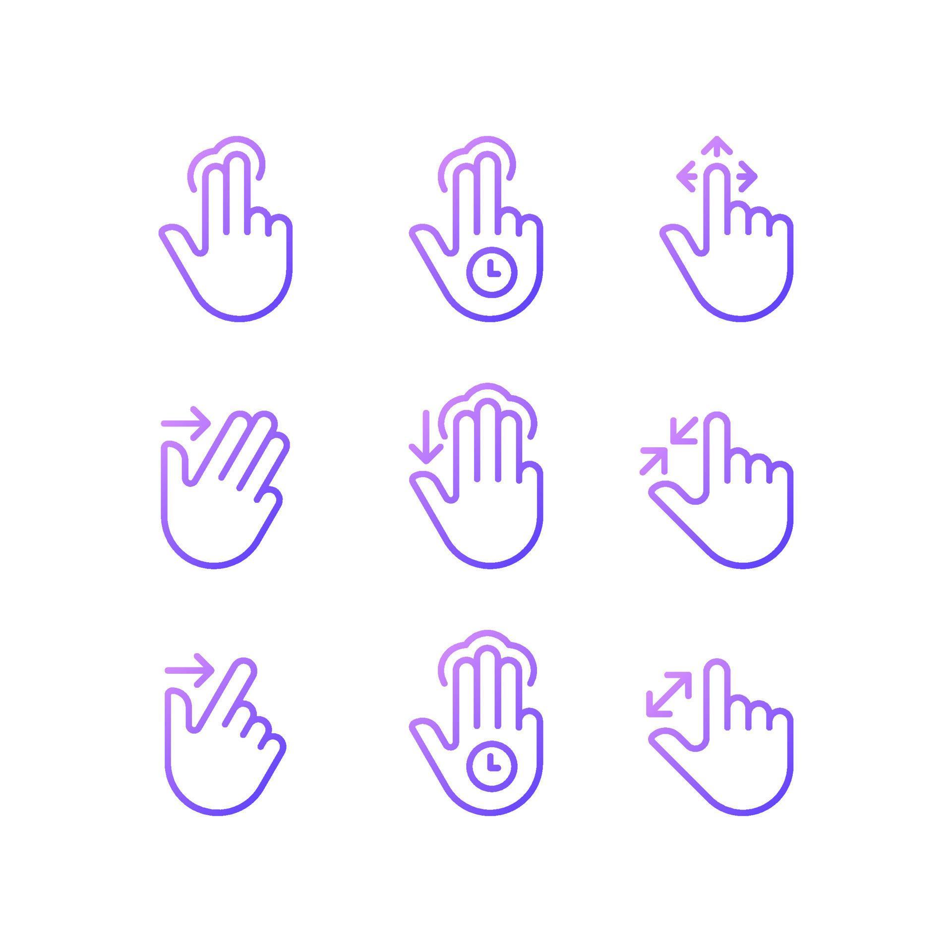 Multitouch gestures gradient linear vector icons set. Touchscreen control. Tablet and phone ...