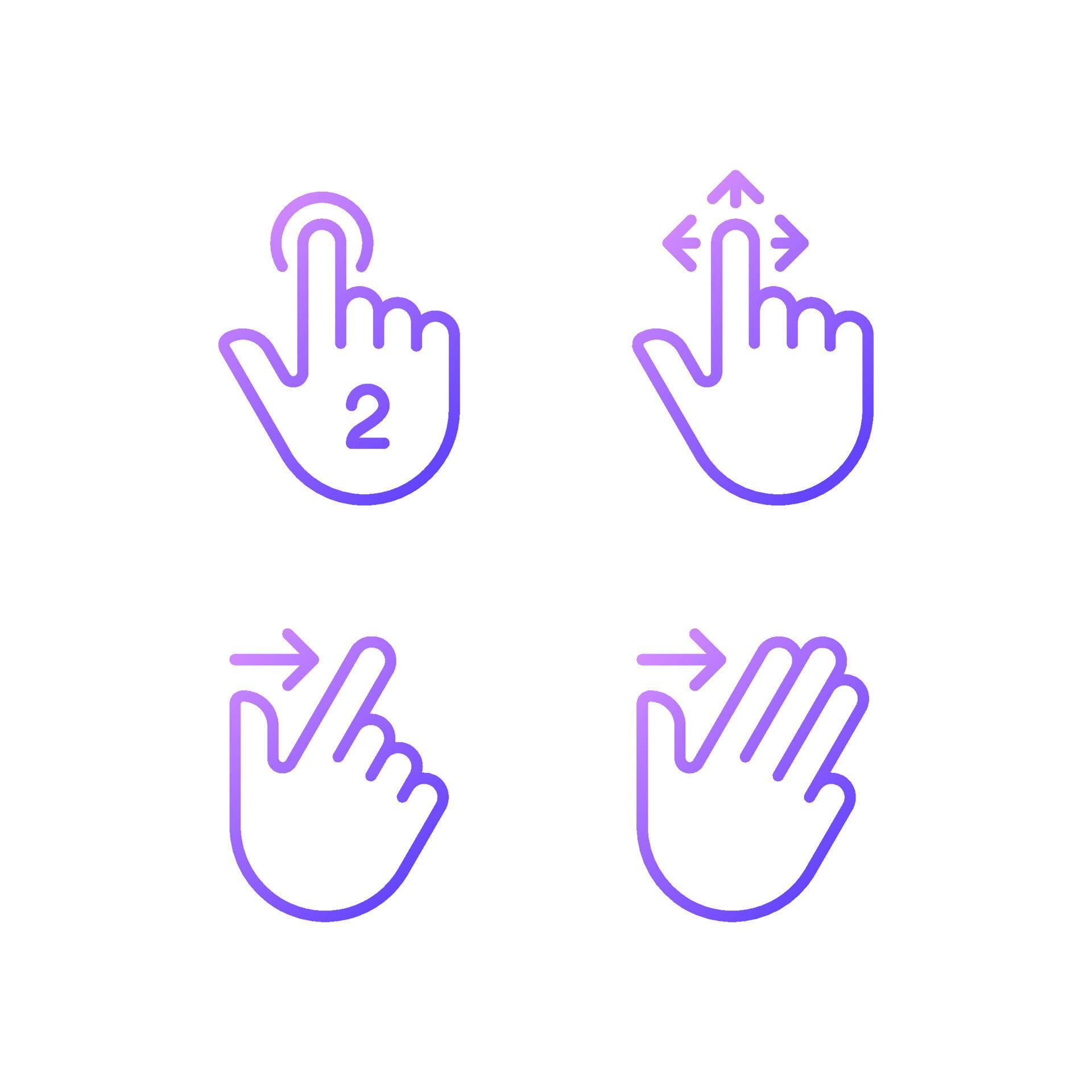 Drag and swipe gestures gradient linear vector icons set. Smartphone options. Touchscreen ...