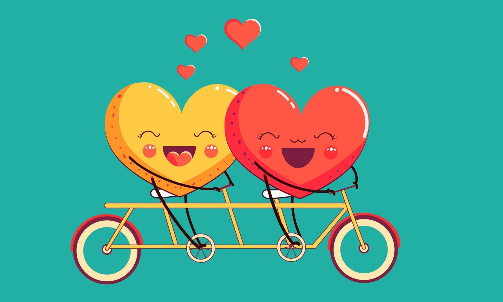 Funny Hearts Shape Couple Riding Tandem Bicycle Over Turquoise Background. Valentine's Day ...