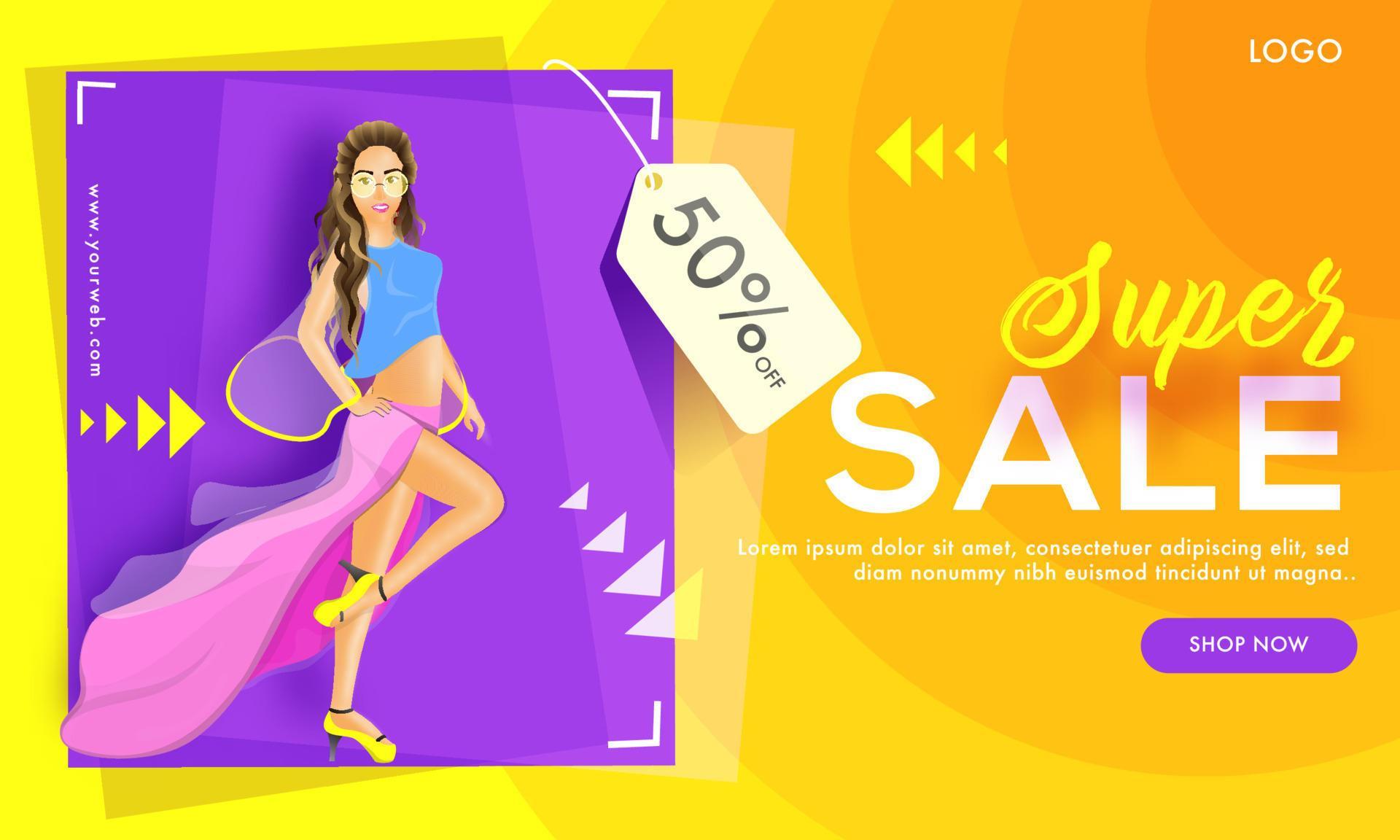 Super Sale Banner Design With Discount Offer And Modern Young Girl On