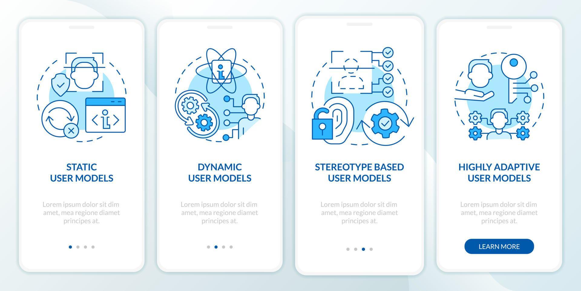 User modeling blue onboarding mobile app screen. Interaction walkthrough 4 steps editable ...