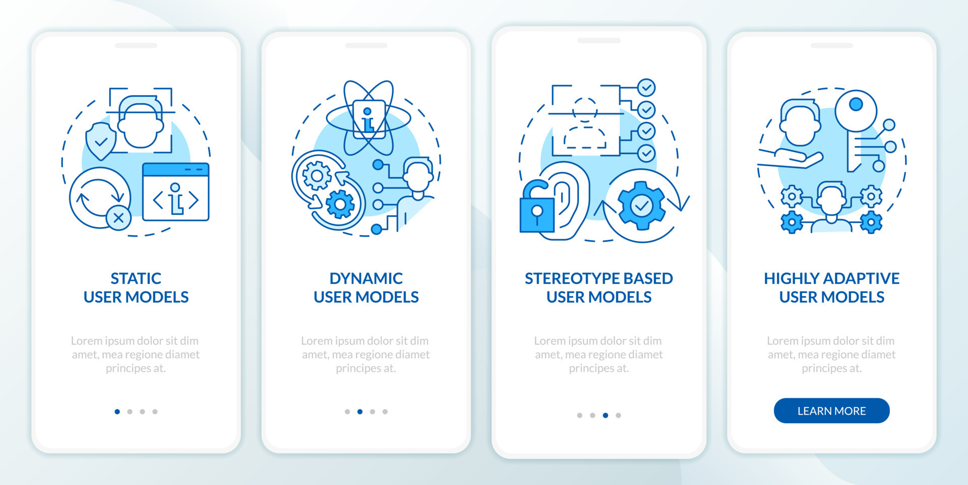 User modeling blue onboarding mobile app screen. Interaction ...